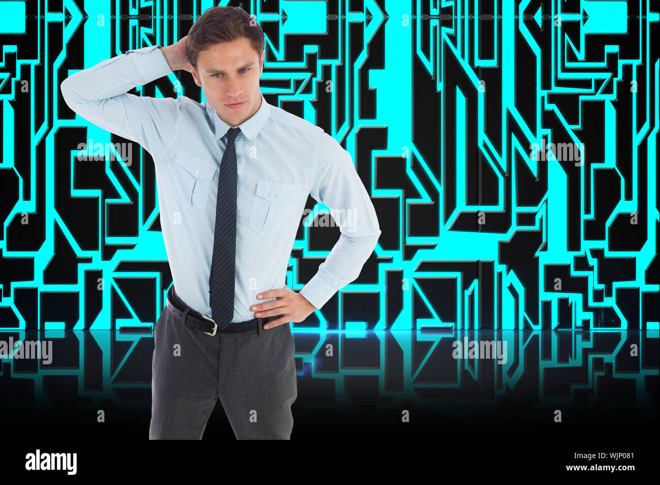 Thinking businessman scratching head against abstract technology ...