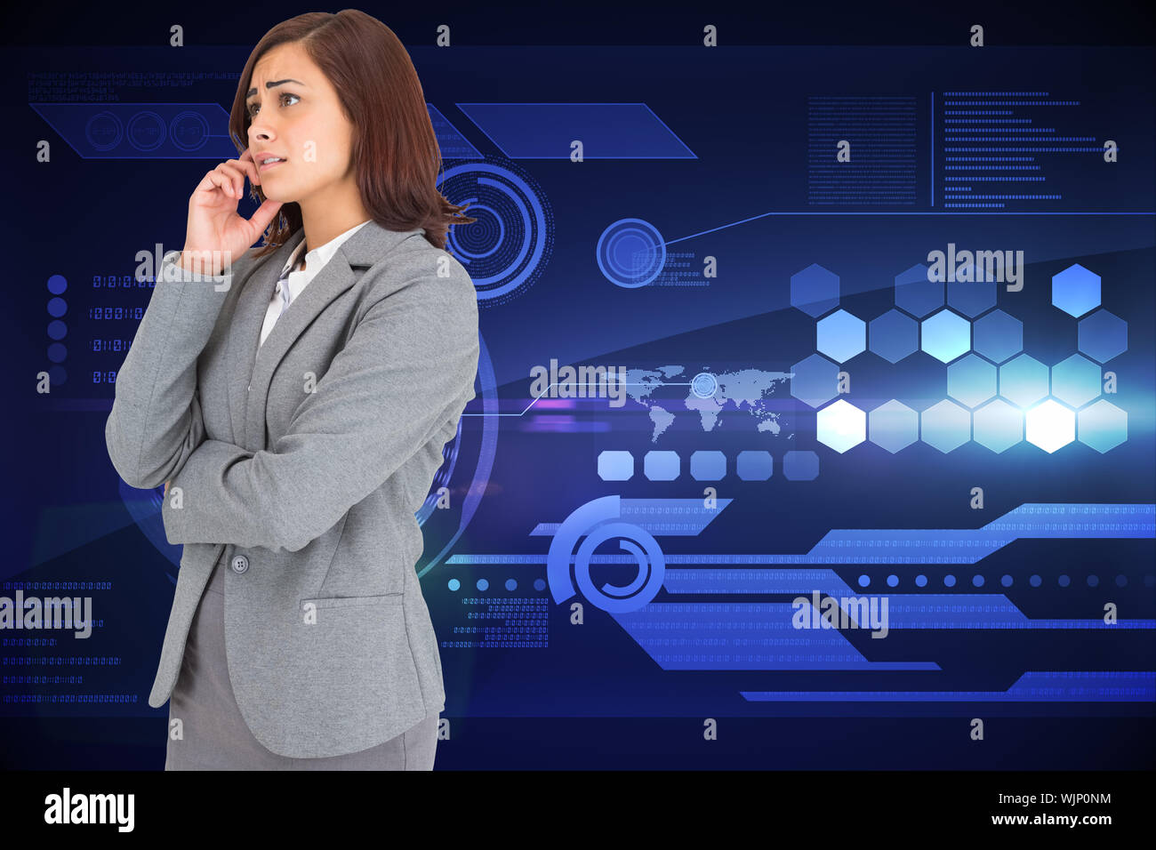 Worried businesswoman against futuristic technology interface Stock ...