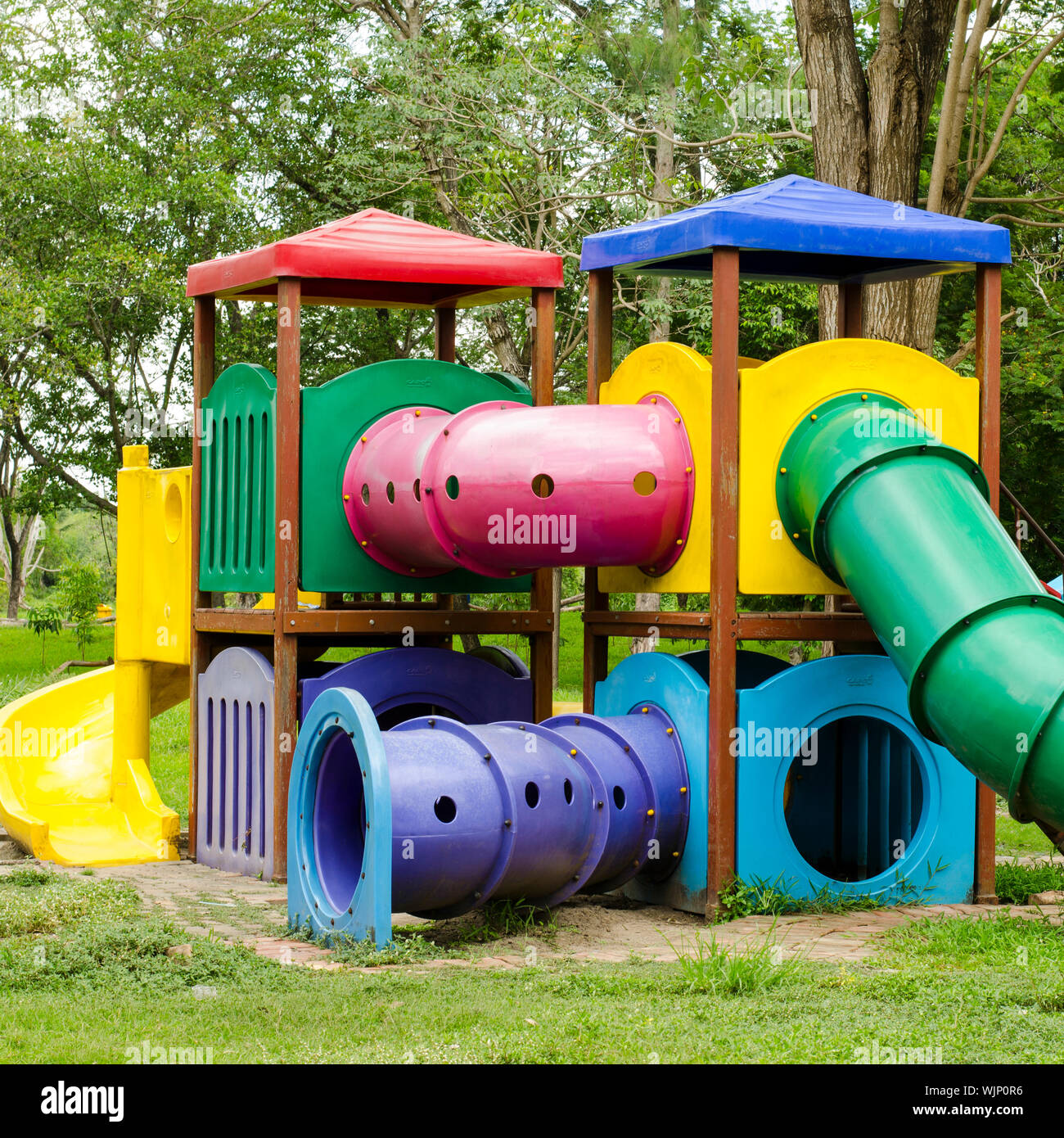 children Stairs Slides equipment in playground Stock Photo - Alamy