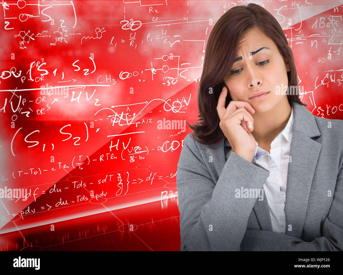 Worried businesswoman against futuristic technology interface Stock ...