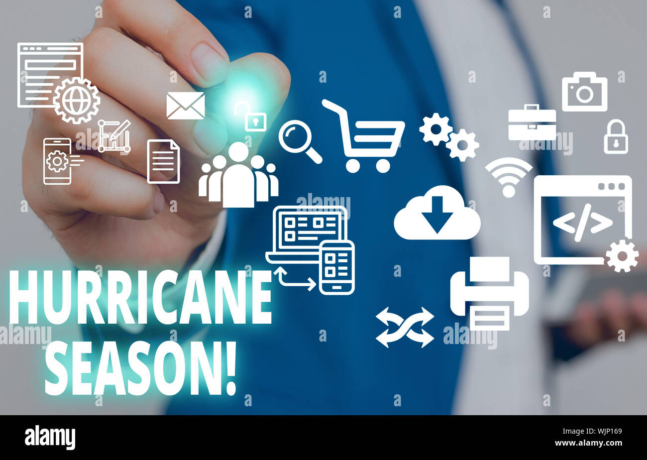 Text sign showing Hurricane Season. Business photo text time when most ...