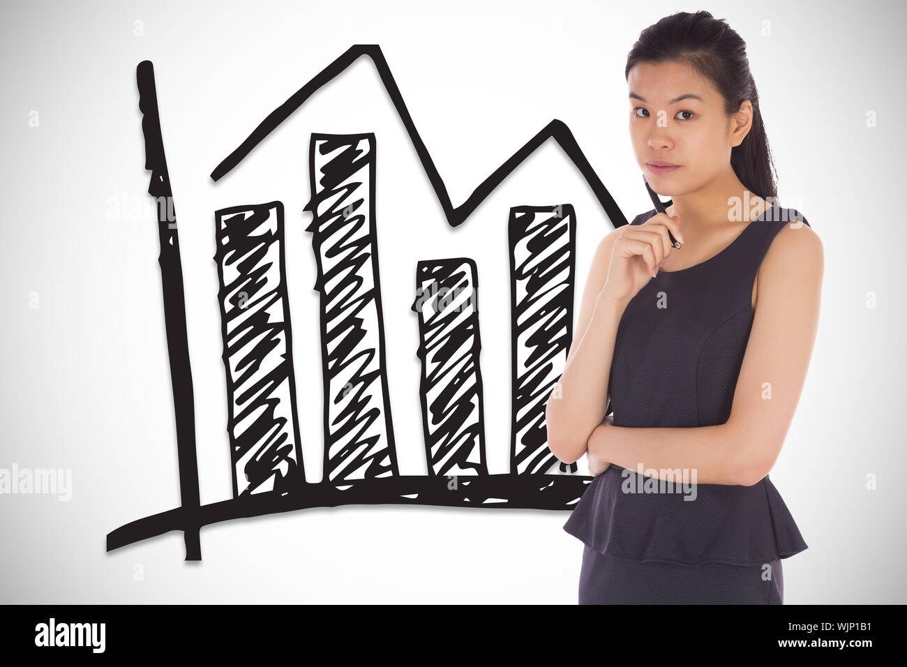 Thinking businesswoman against bar chart illustration Stock Photo - Alamy