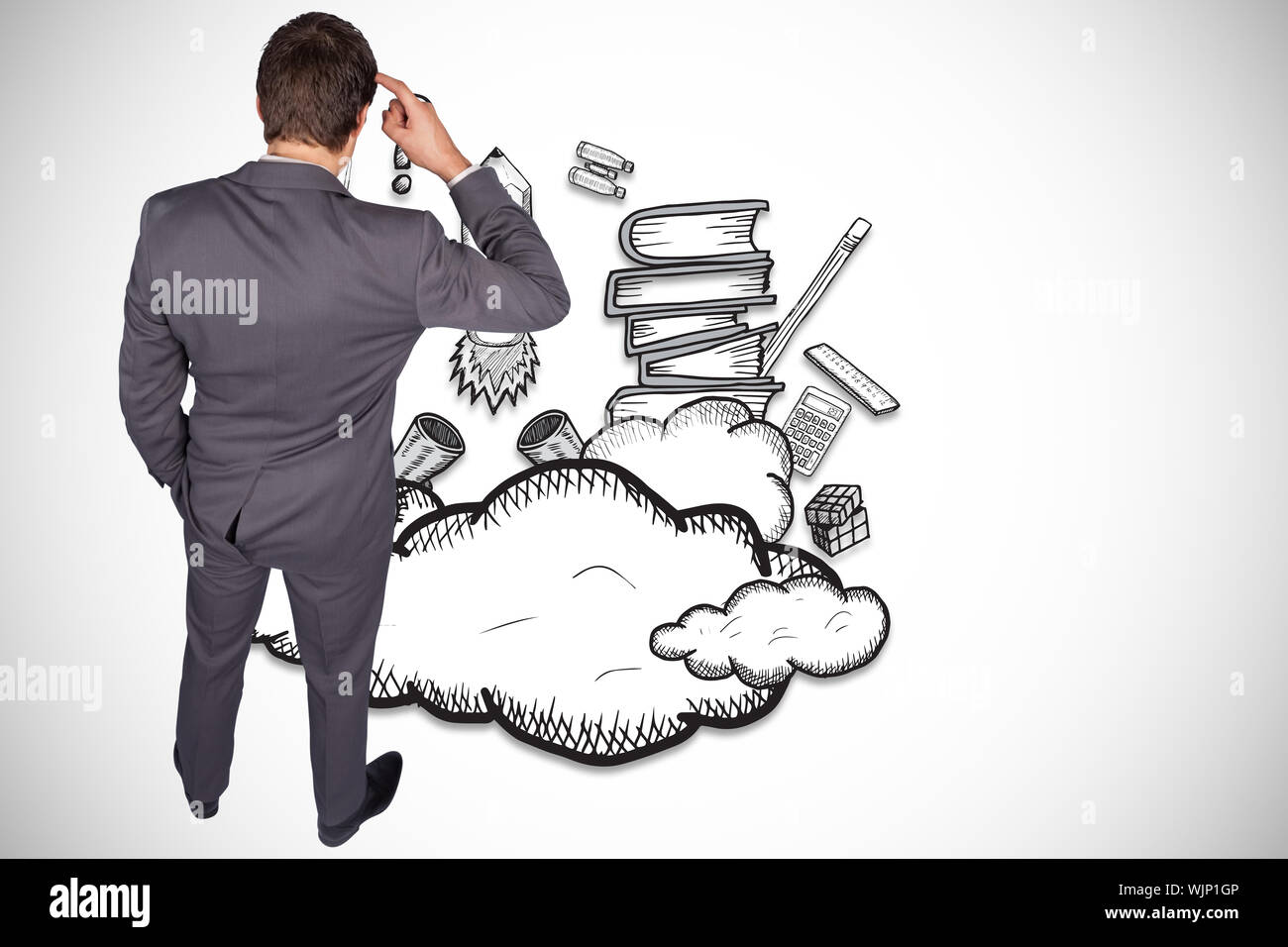 Thinking businessman scratching head against education illustration ...