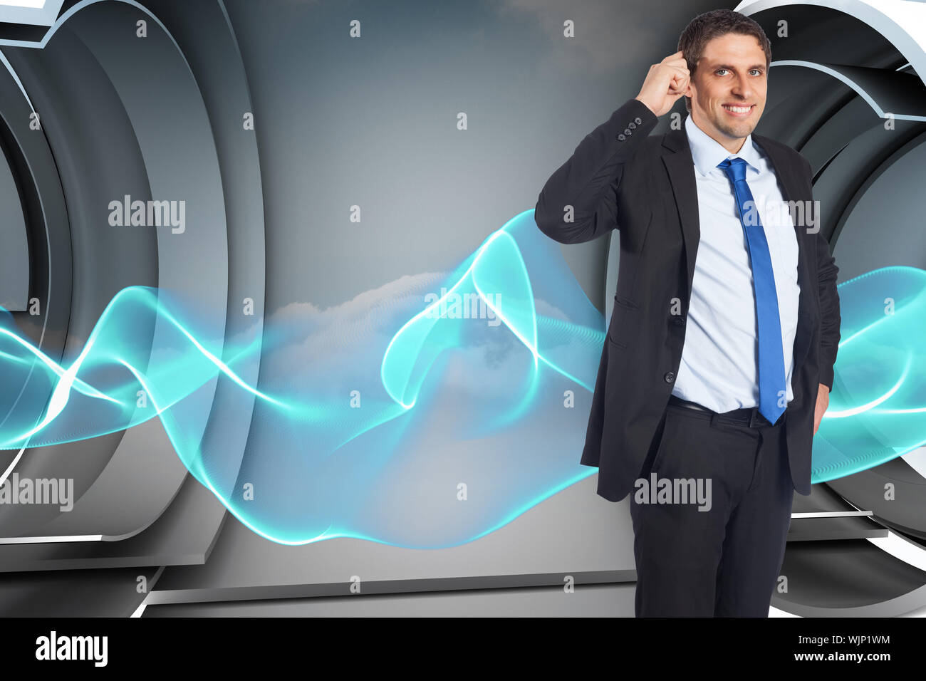 Thinking businessman scratching head against energy in a futuristic ...
