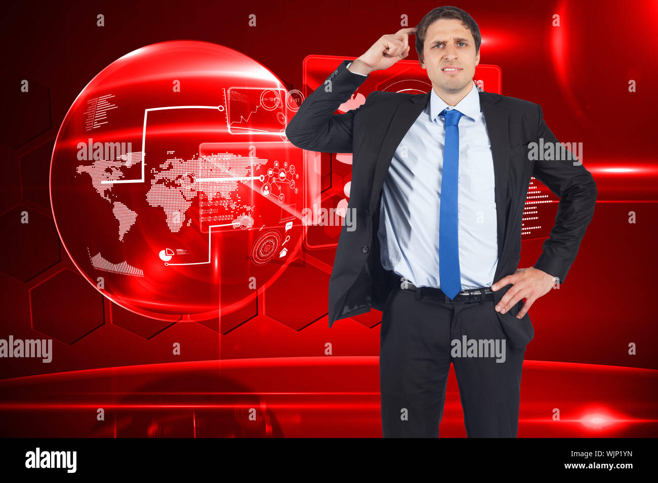 Thinking businessman scratching head against futuristic technology ...