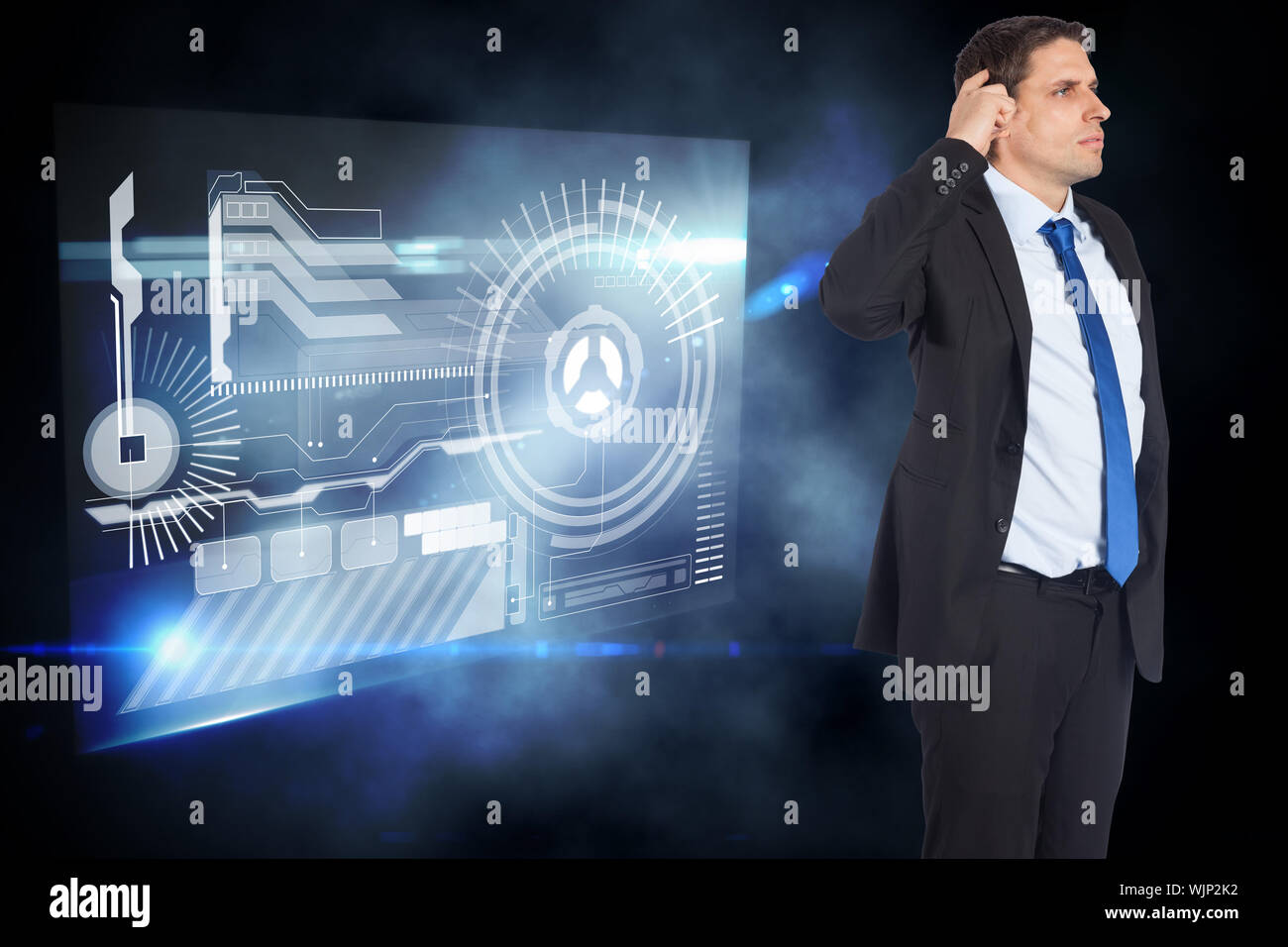 Thinking businessman scratching head against computing interface Stock ...