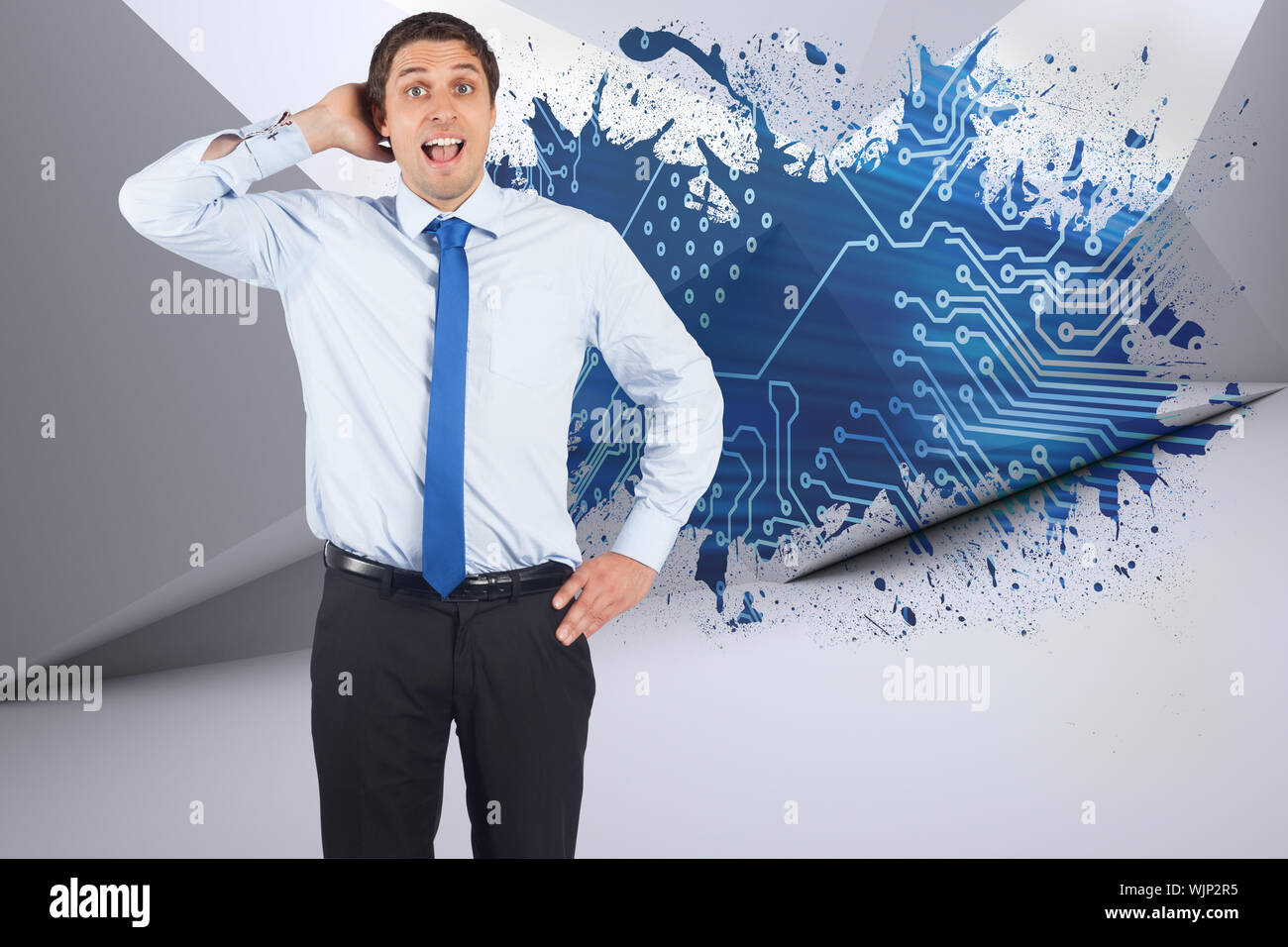 Thinking businessman scratching head against splash showing circuit ...