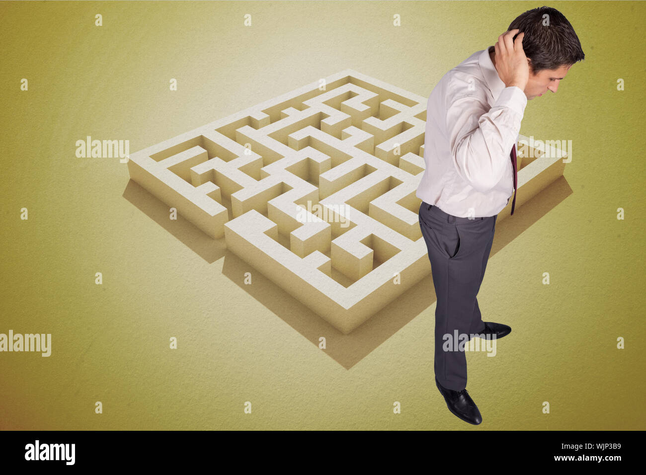 Thinking businessman scratching head against red arrow pointing up ...