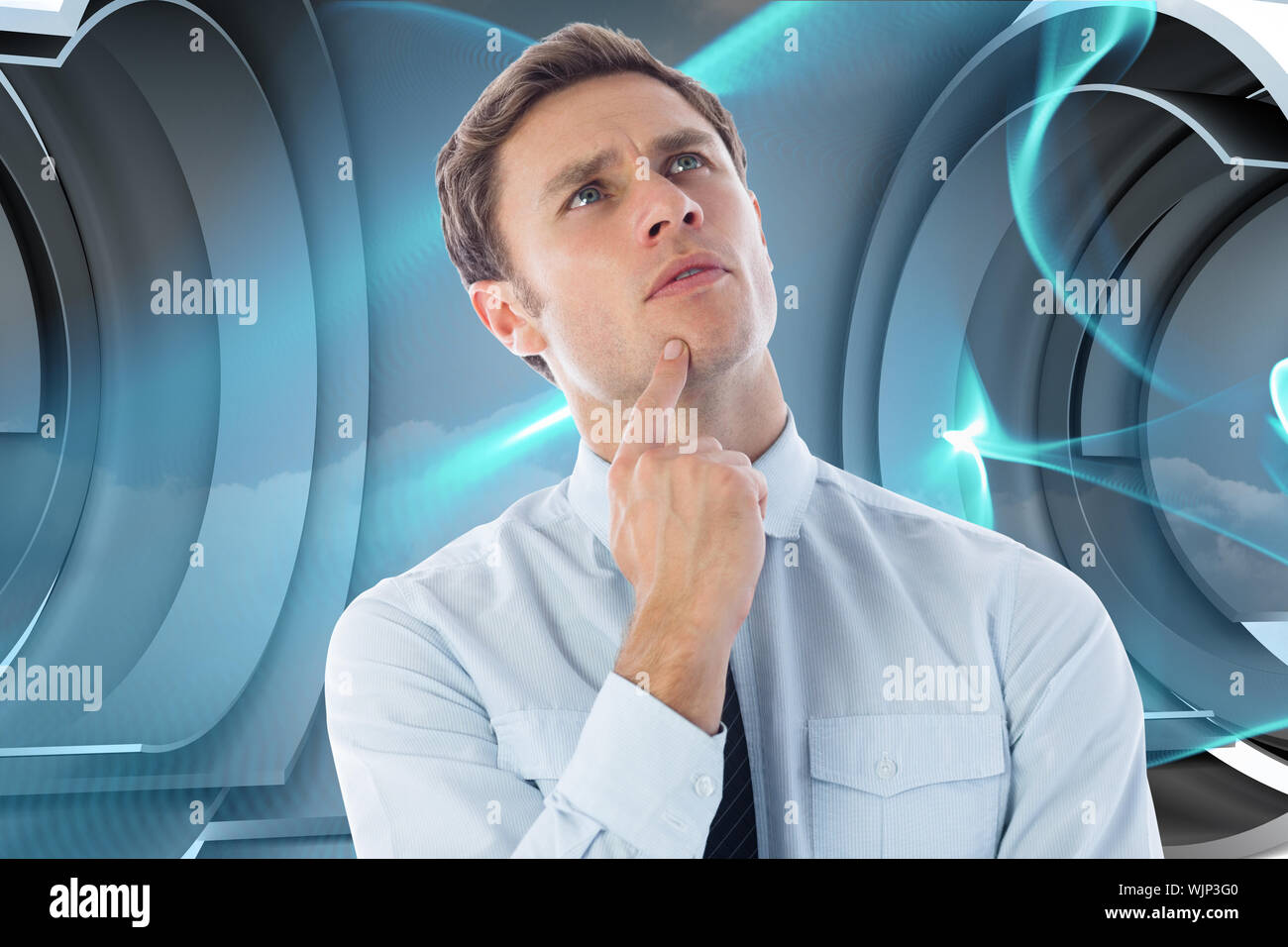 Thinking businessman with finger on chin against abstract blue wave ...