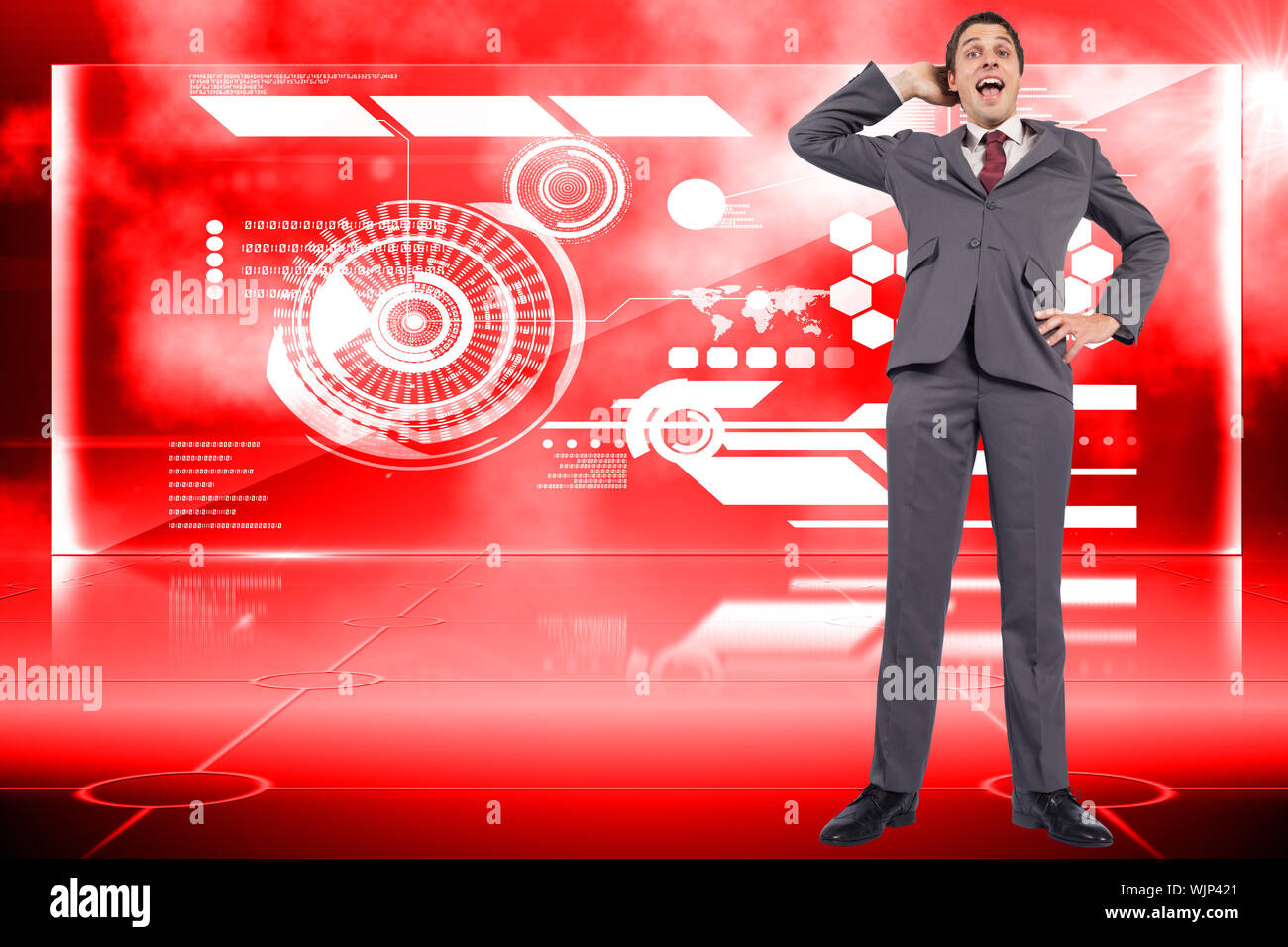 Thinking businessman scratching head against futuristic technology ...