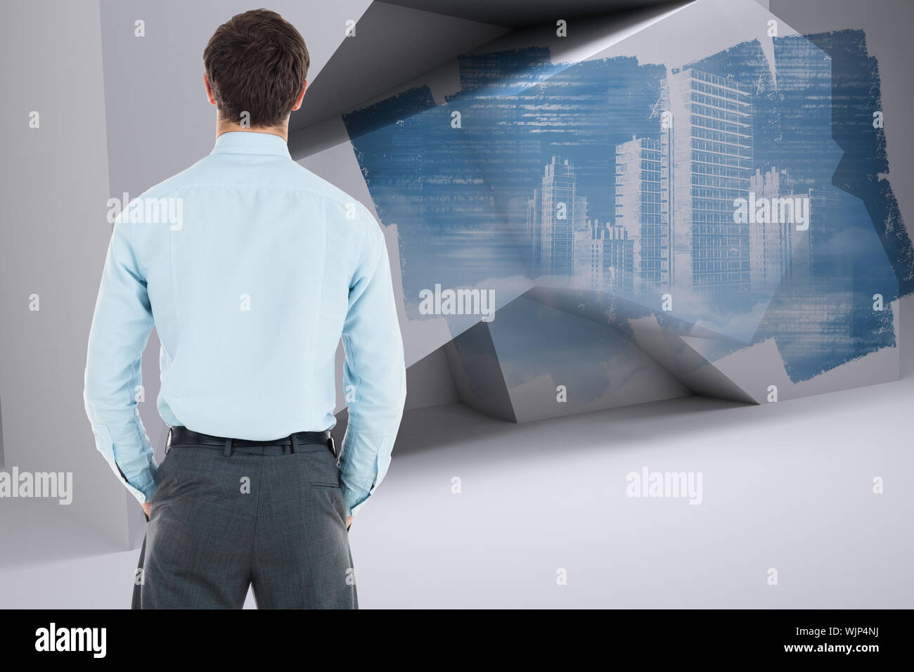 Businessman standing with hands in pockets against abstract screen in ... Businessman standing with hands in pockets against abstract screen in ...