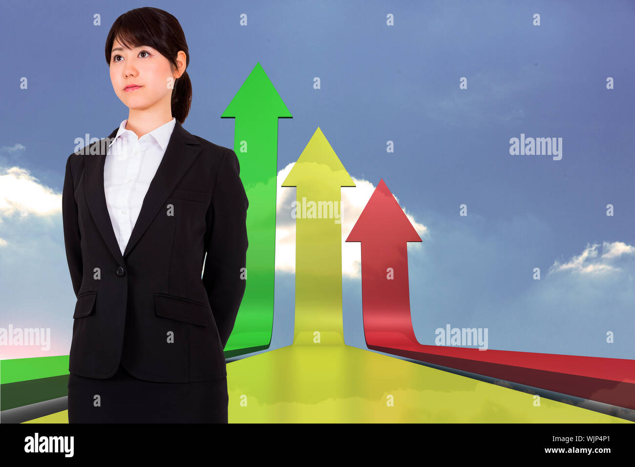 Serious businesswoman against colorful arrows pointing up against sky ...