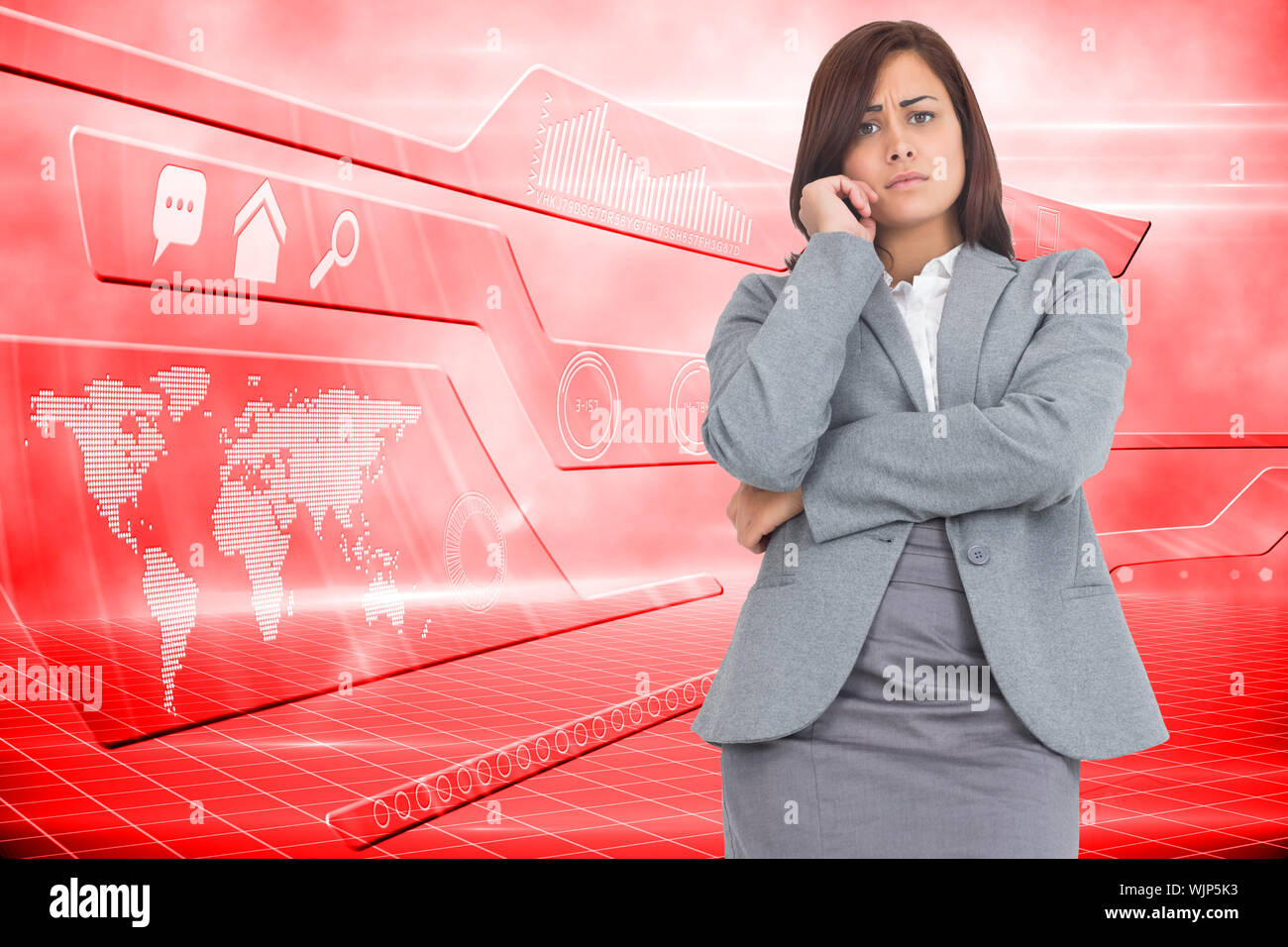 Worried businesswoman against futuristic technology interface Stock ...