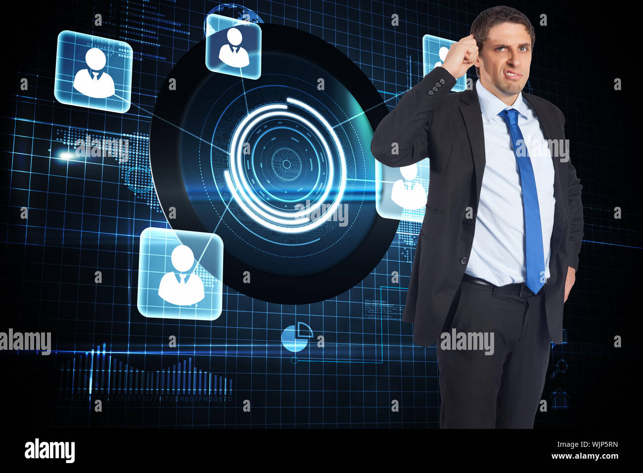 Thinking businessman scratching head against futuristic technology ...