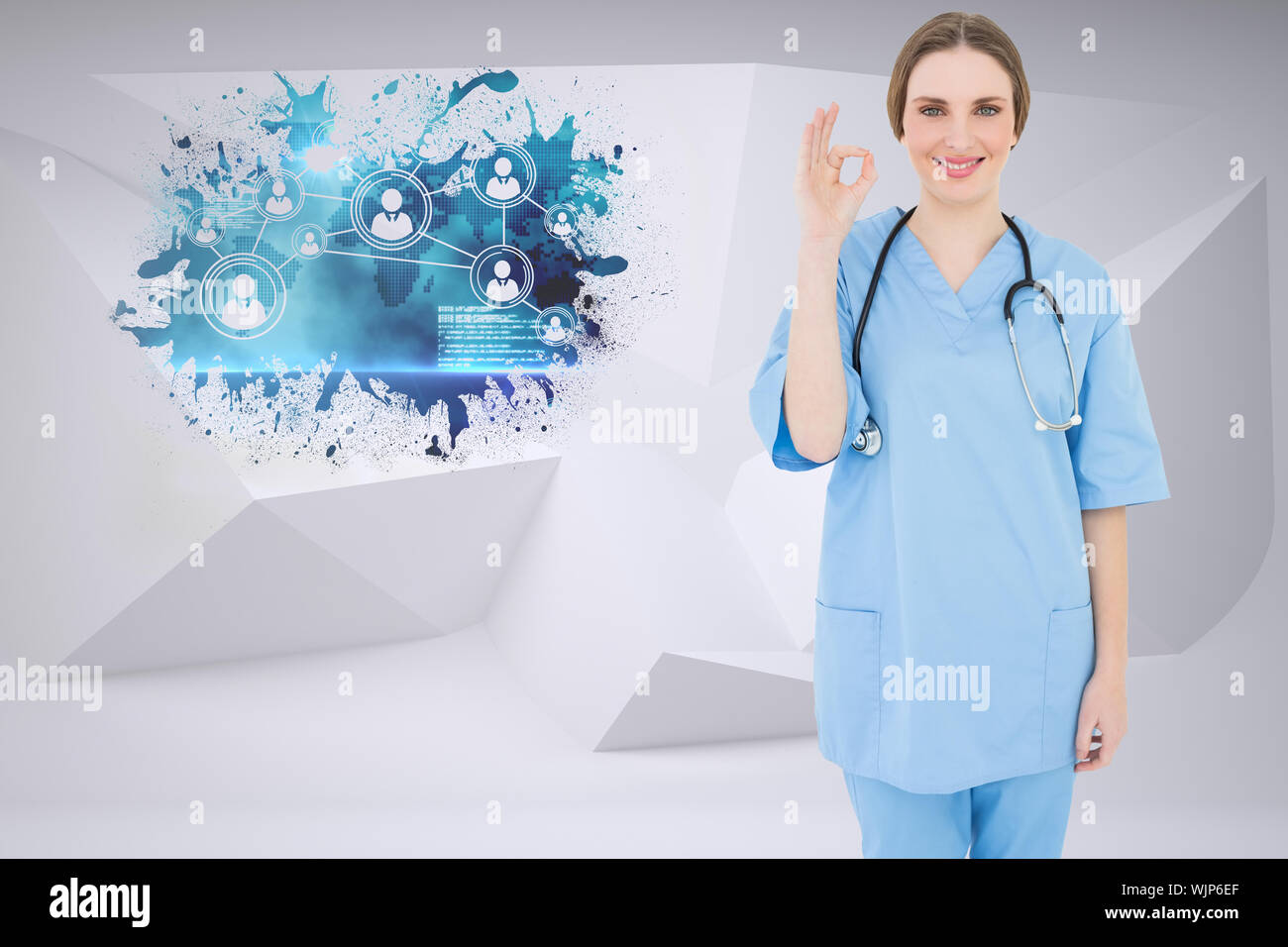 Woman doctor giving a signal that everything is fine against splash ...