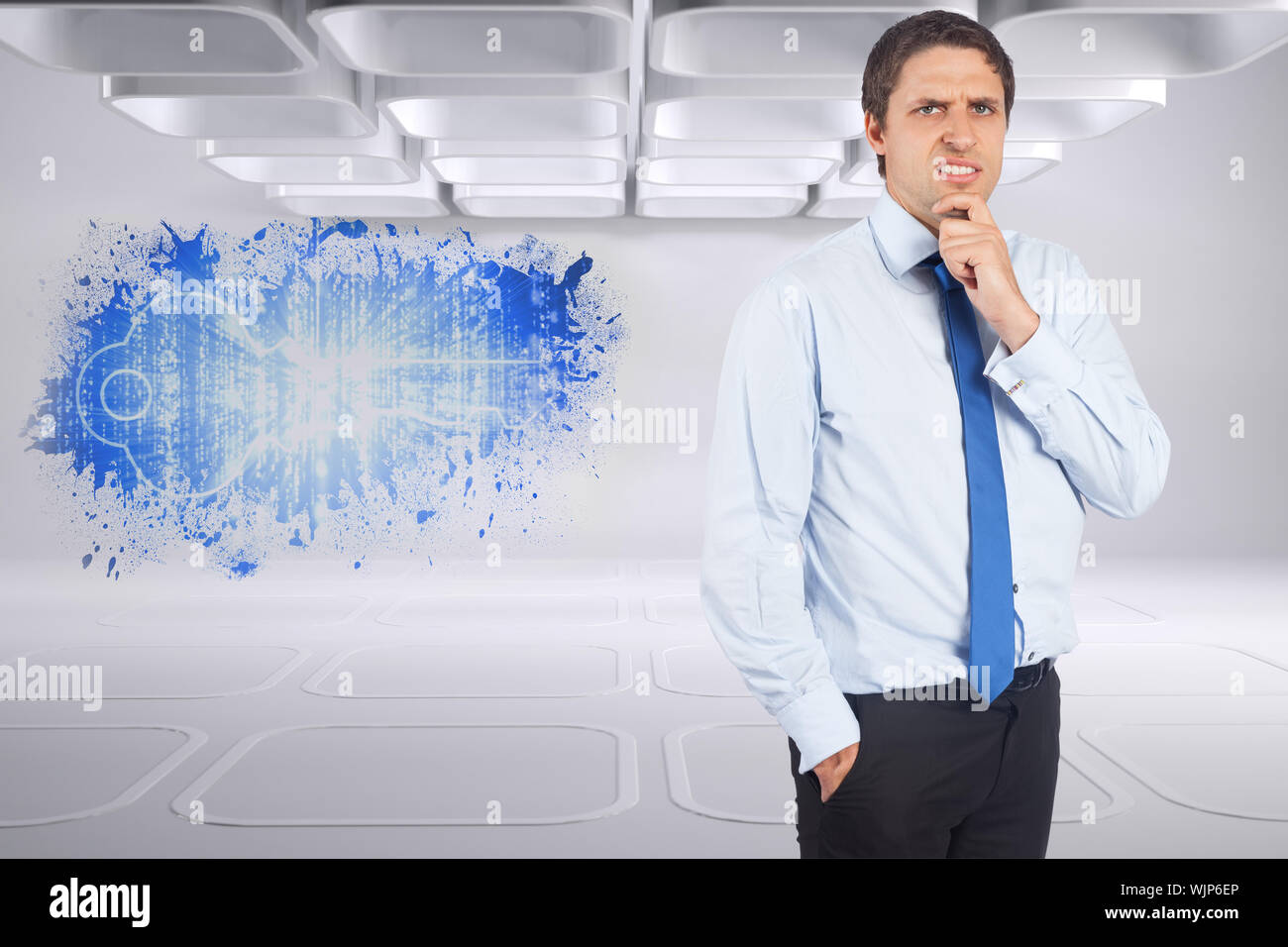 Thinking businessman touching his chin against splash showing digital ...