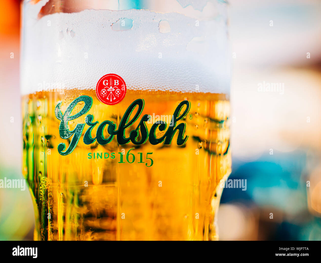 Overveen, Netherlands, - Aug 23, 2019: Vertical image of fresh Grolsch ...