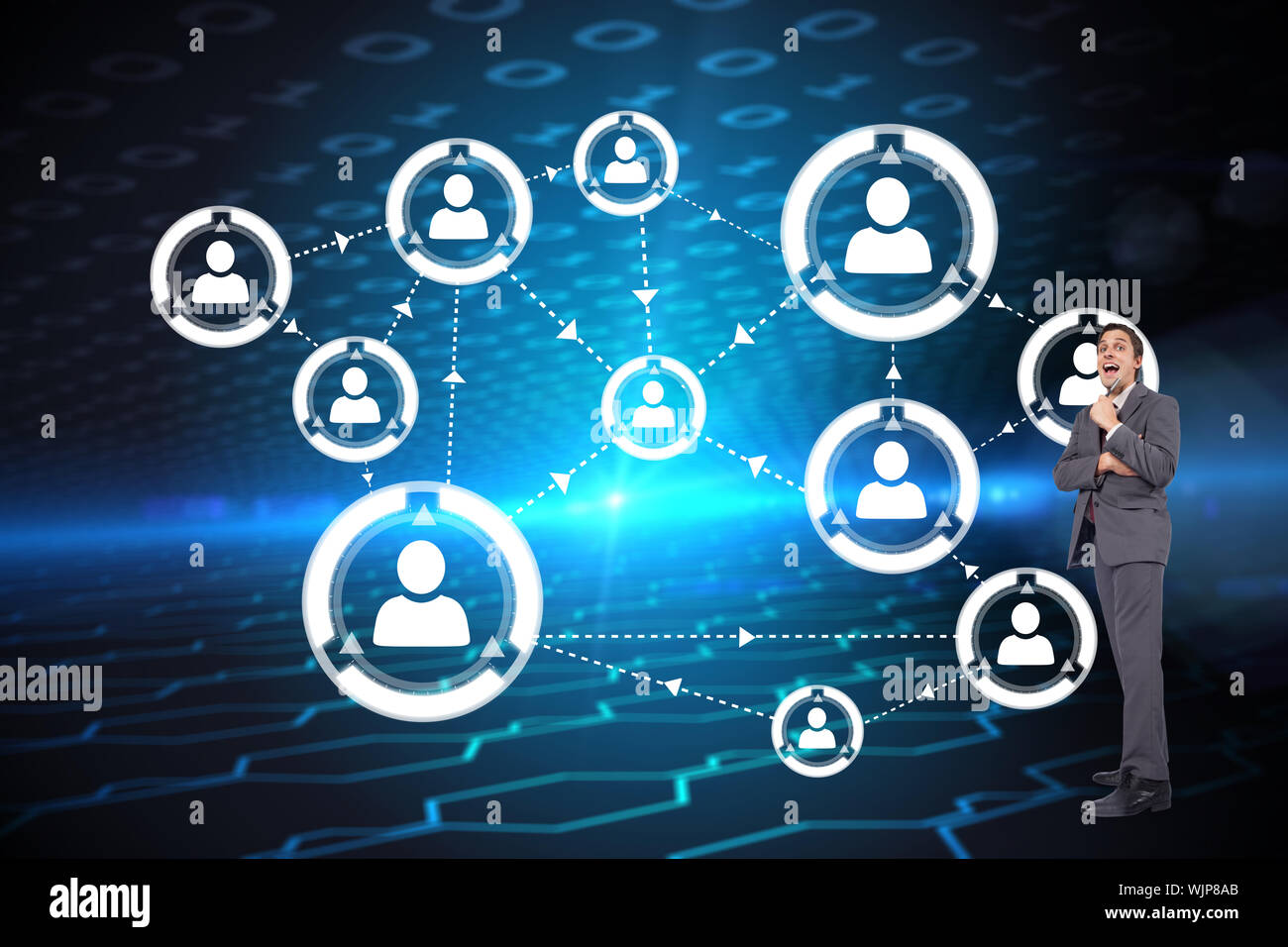 Thoughtful businessman holding pen to chin against hexagon pattern on technical background with ...