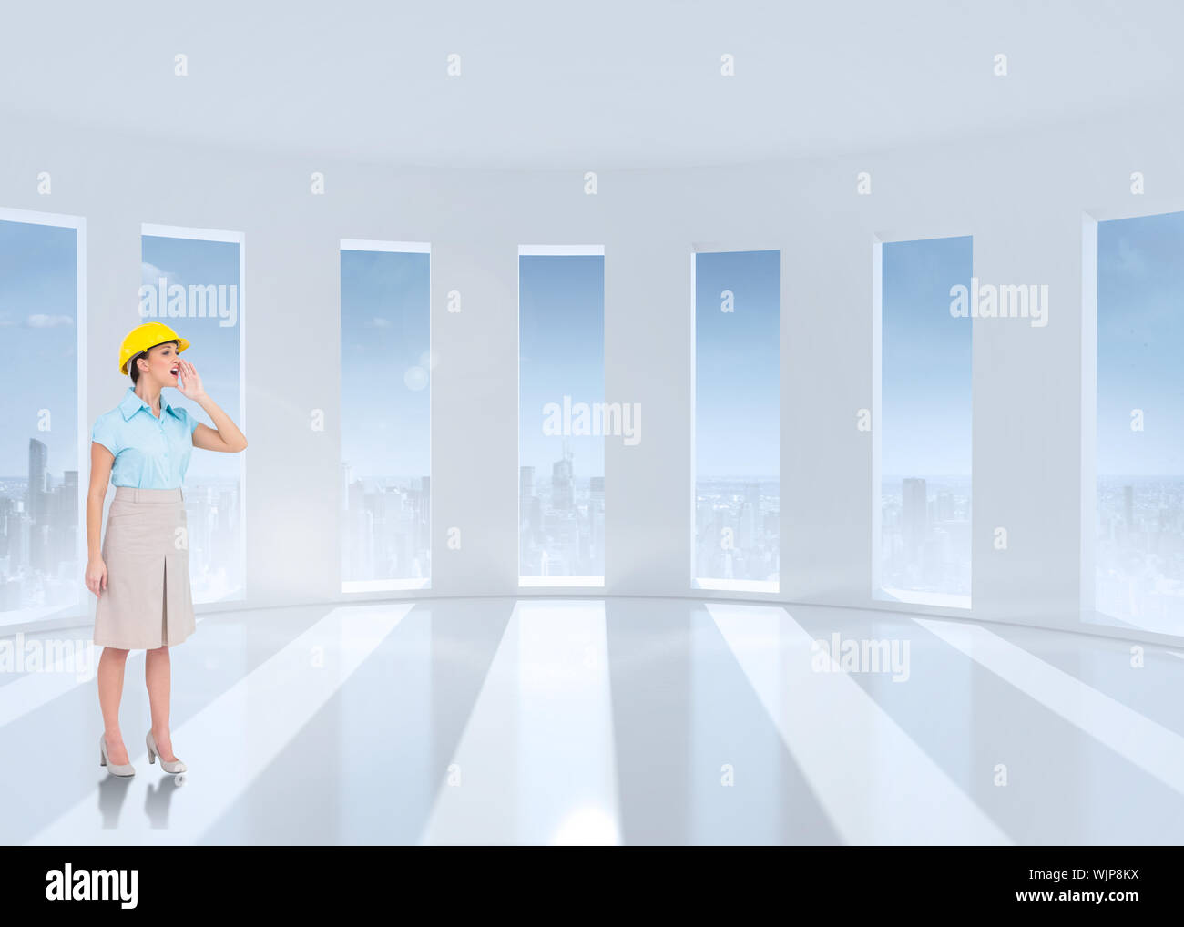Attractive architect yelling against bright white room with columns ...