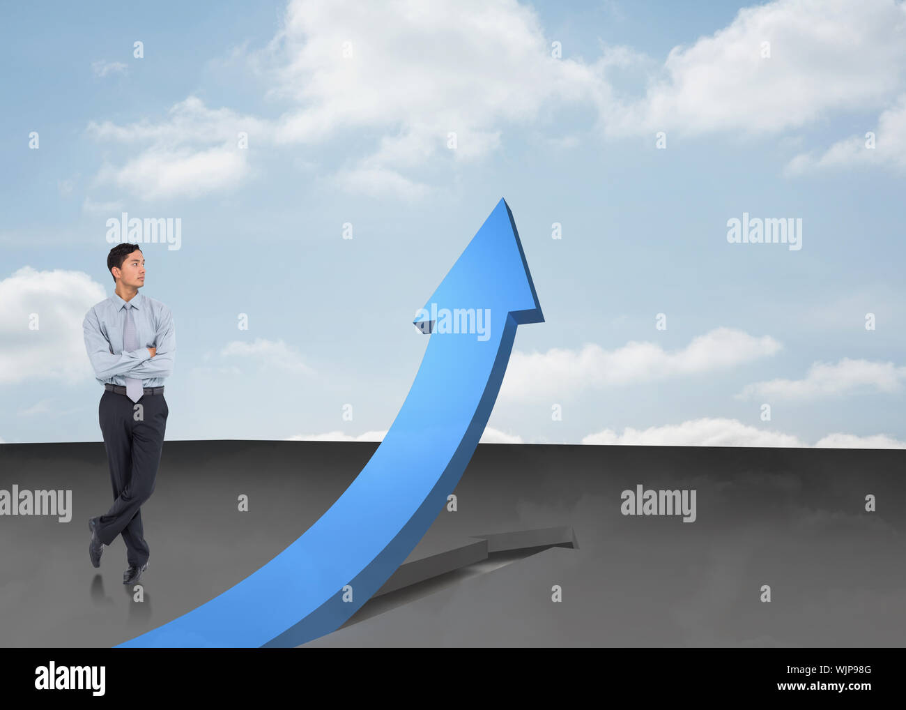 Serious asian businessman against blue curved arrow pointing up against ...