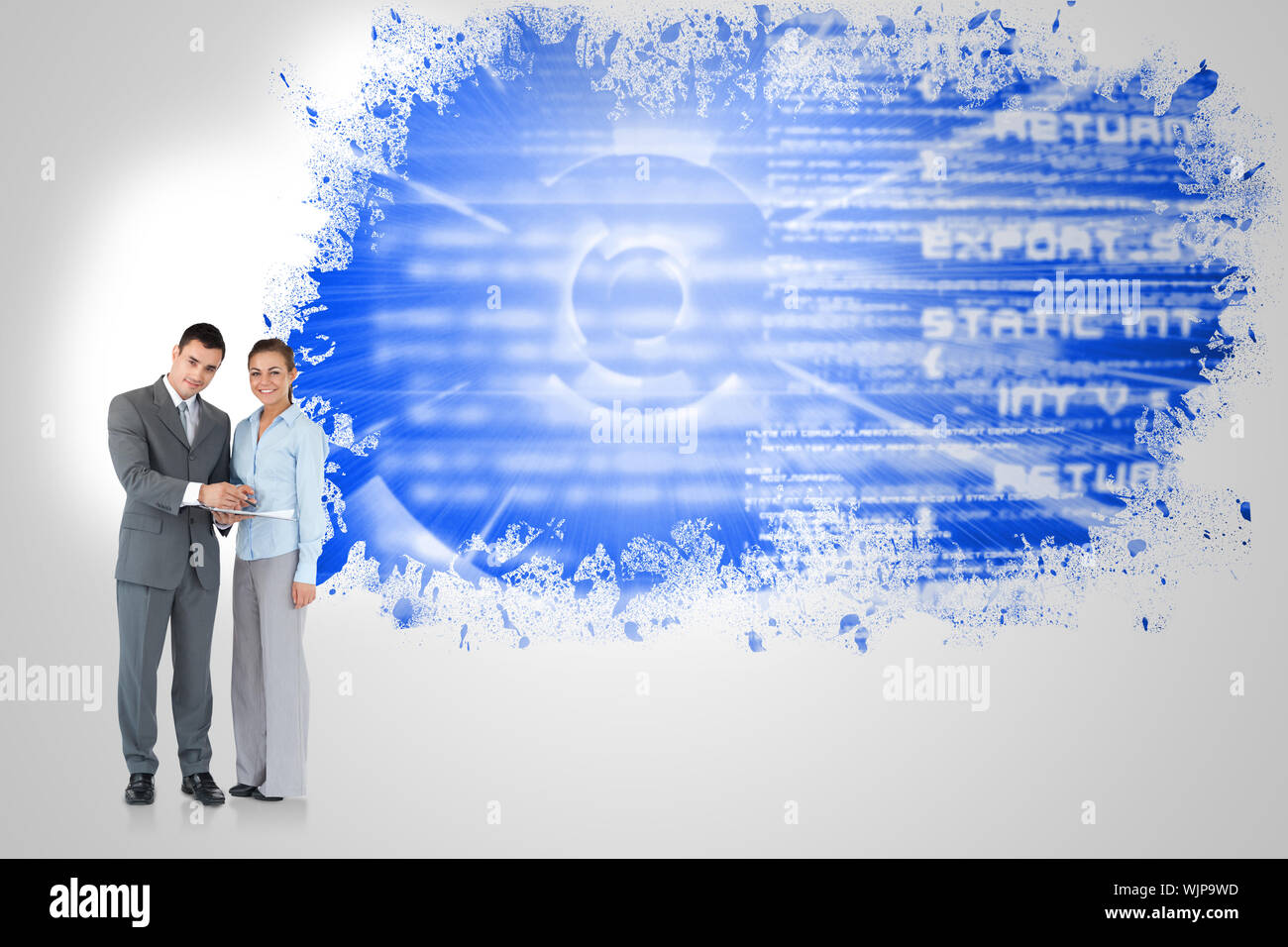 Business partners with clipboard against splash on wall revealing ...