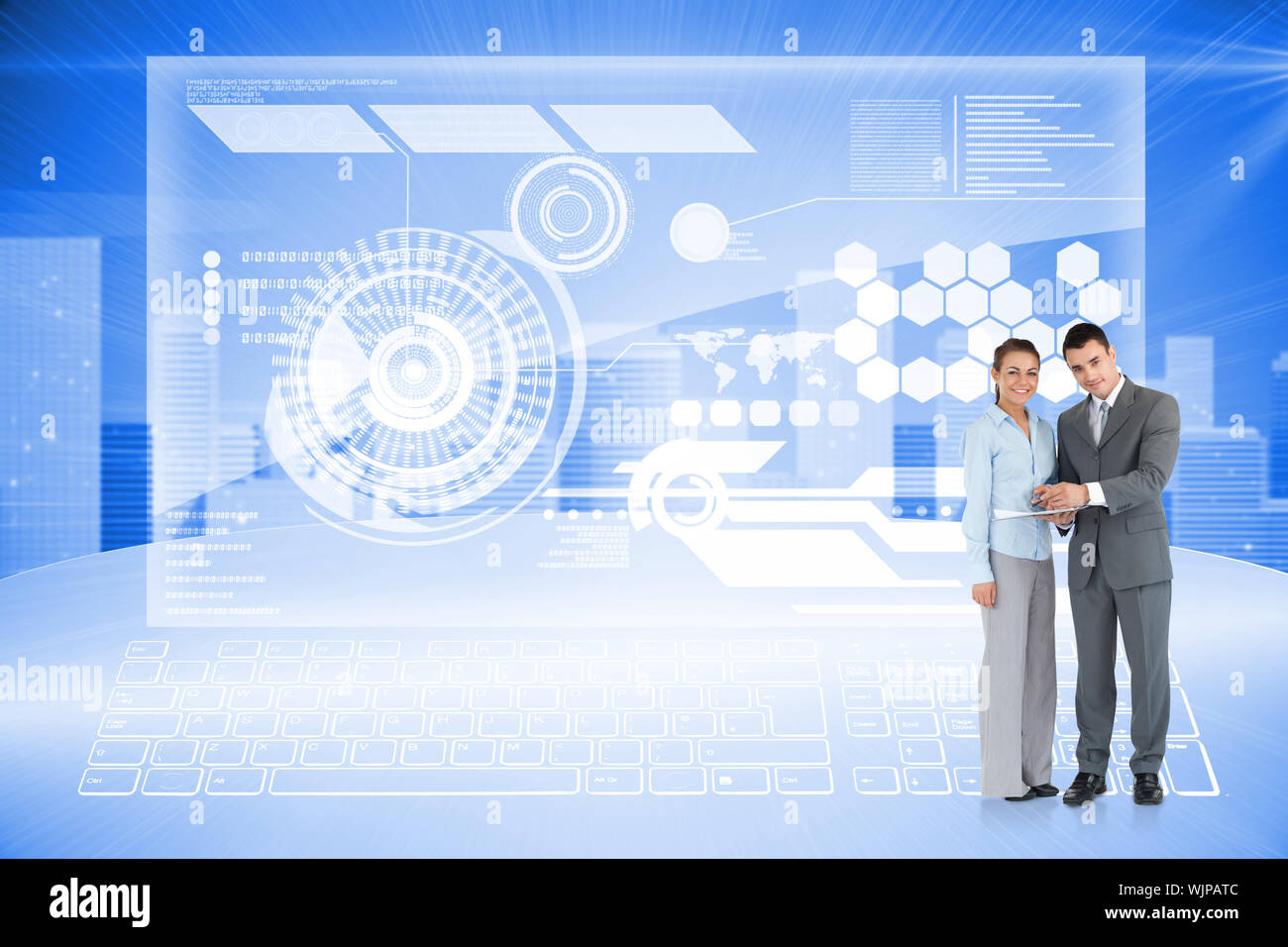 Business partners with clipboard against futuristic technology ...