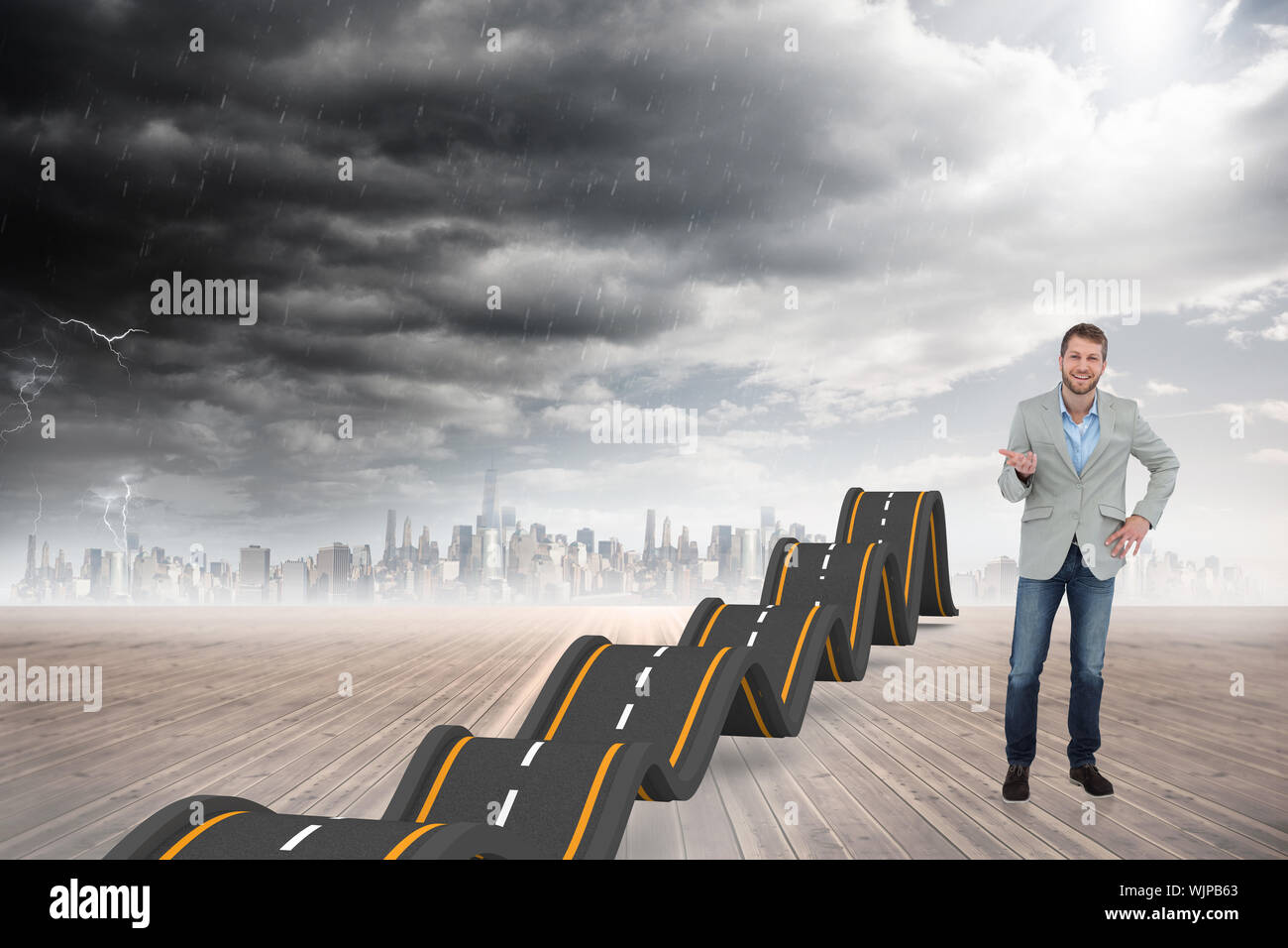 Stylish Man Smiling And Gesturing Against Bumpy Road Backdrop Stock