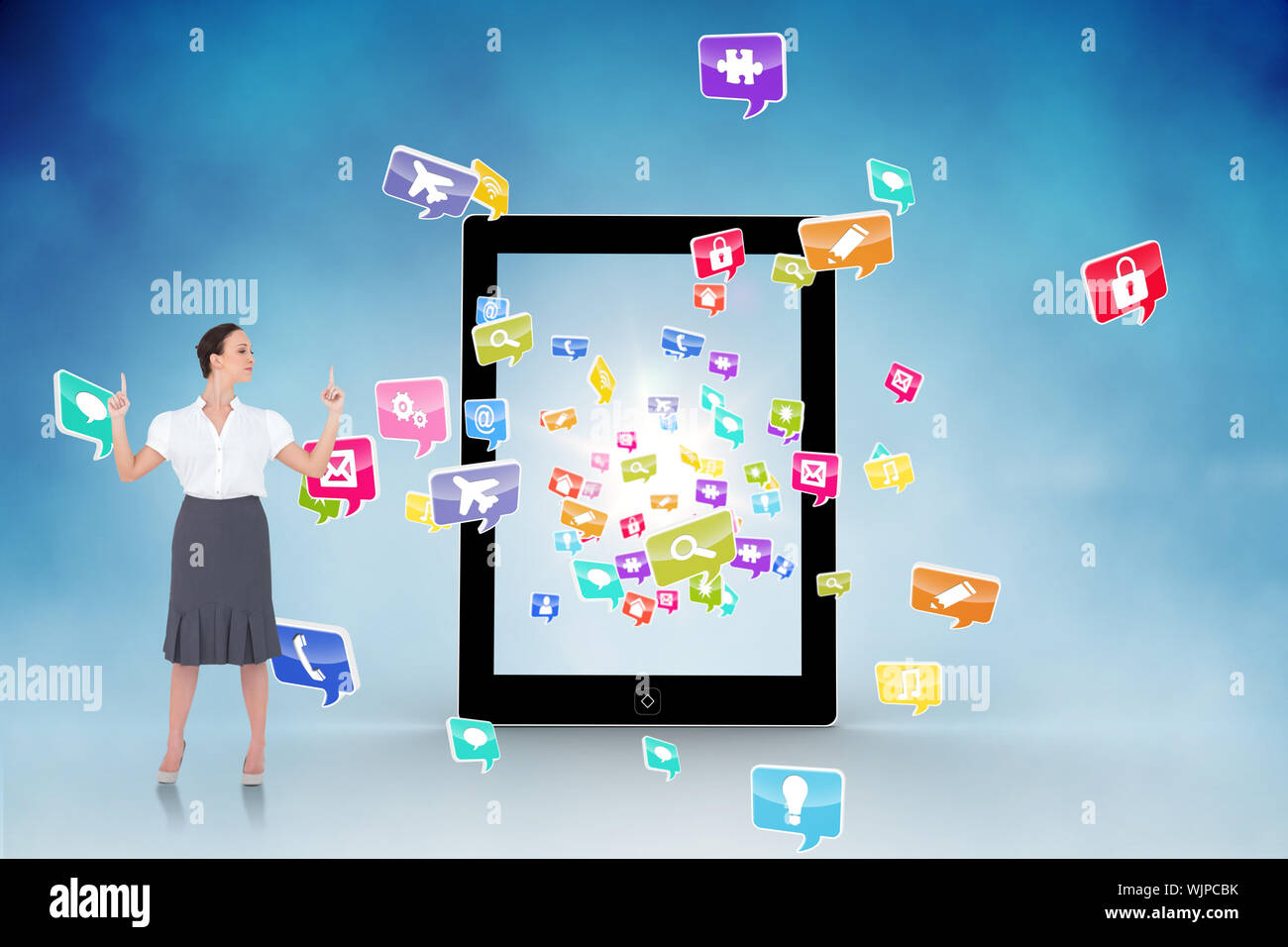 Content gorgeous businesswoman posing against computer applications ...