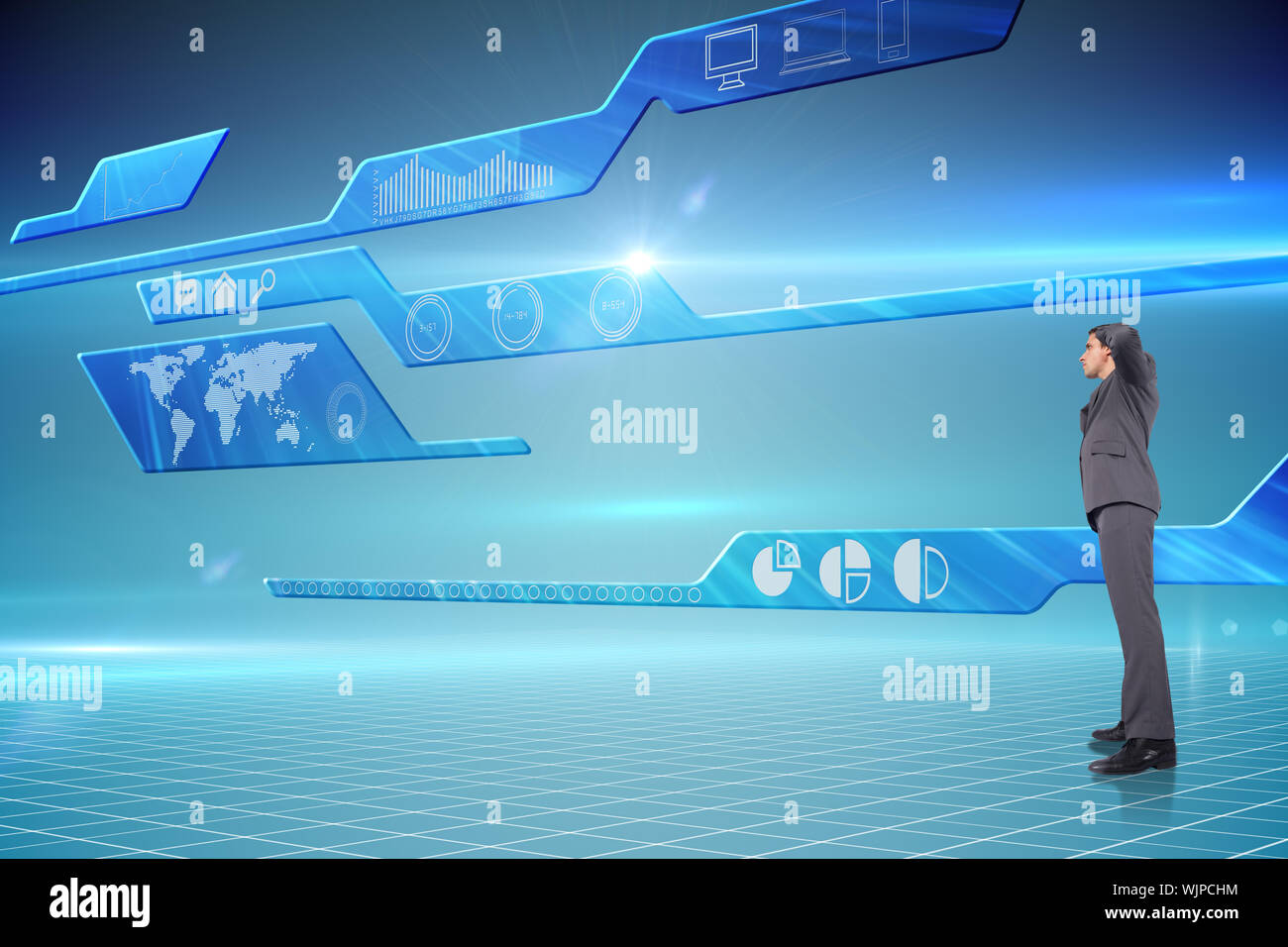 Thinking businessman scratching head against futuristic technology ...