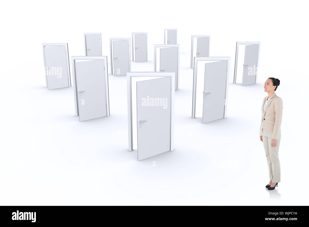Smiling asian businesswoman against many doors opening Stock Photo - Alamy