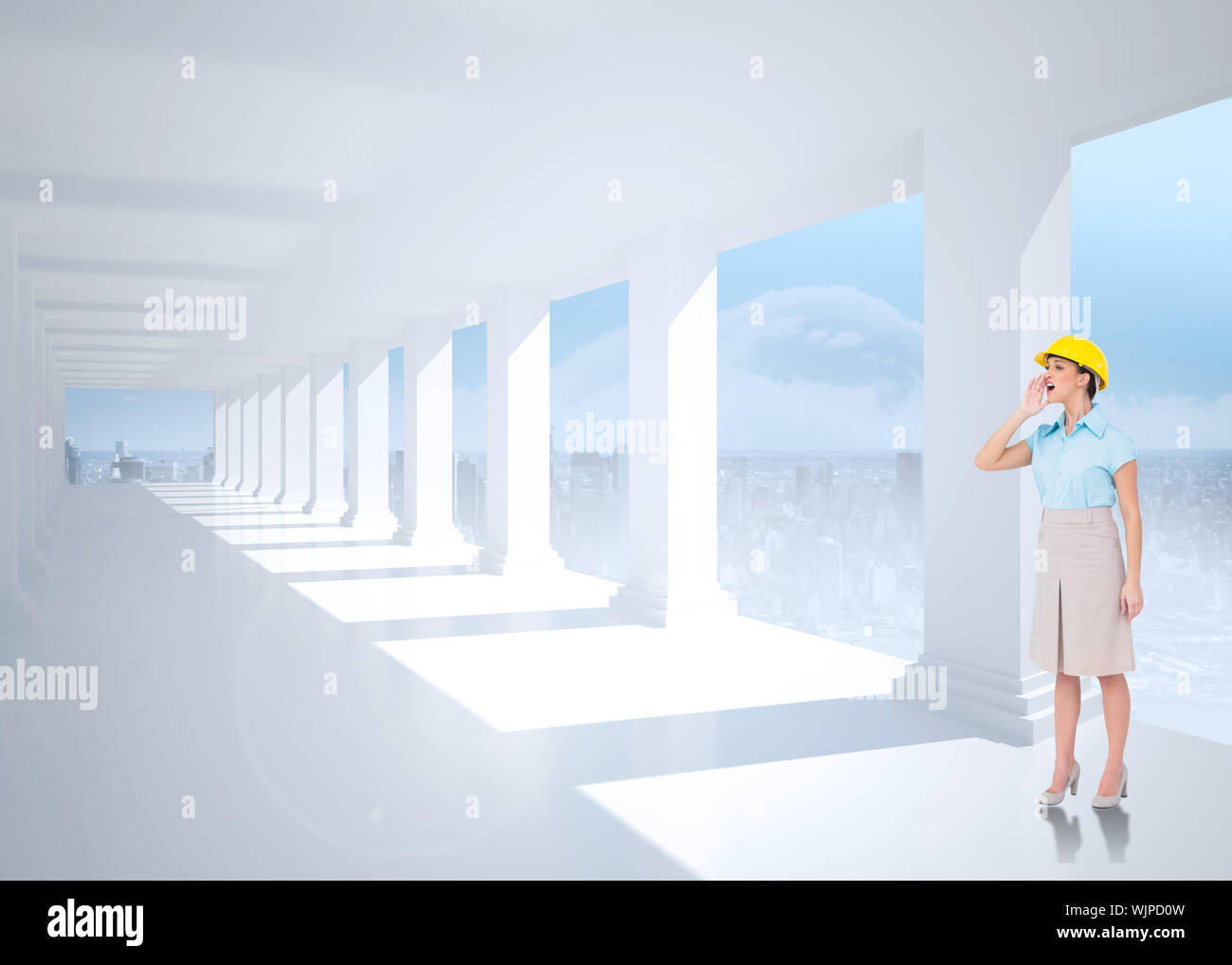 Attractive architect yelling against bright white room with columns ...