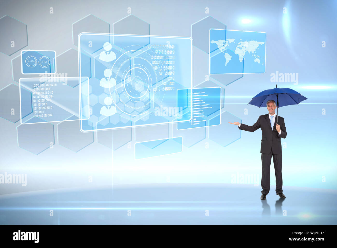 Businessman looking at what he is presenting against futuristic ...