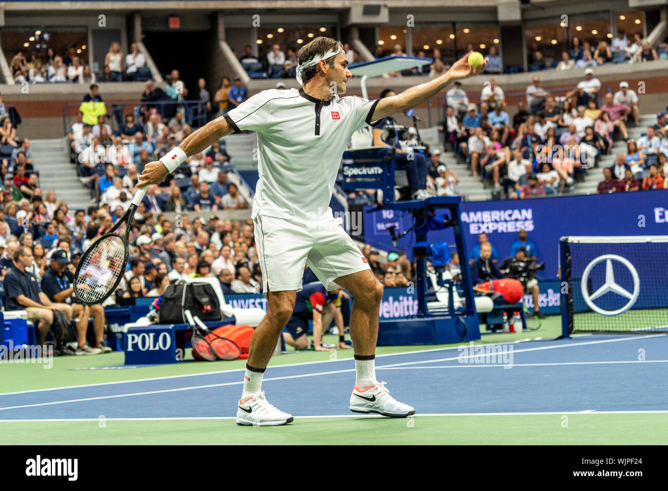 Roger Federer of Switzerland competing in the second round of the 2019 ...