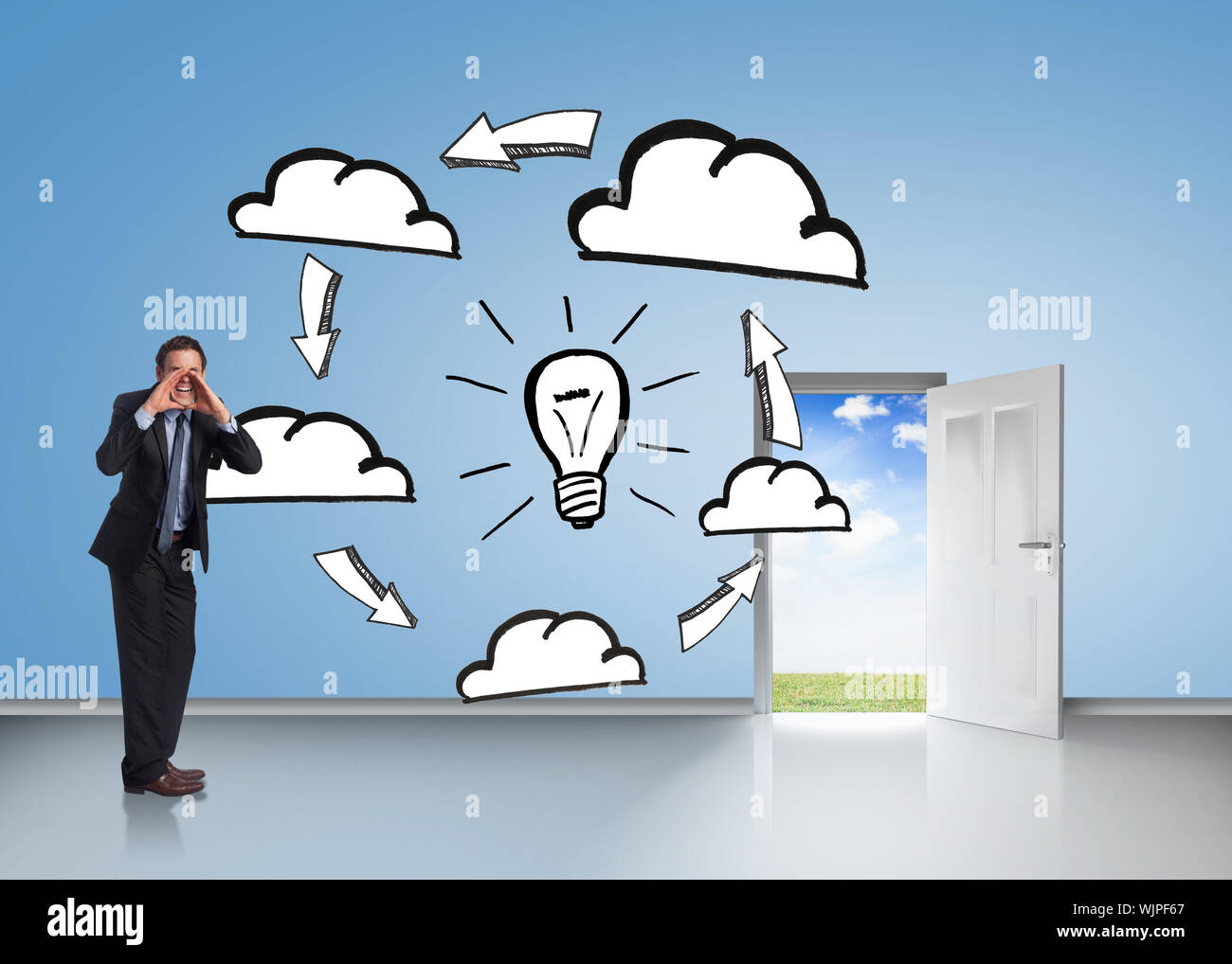 Shouting businessman against door opening to show red arrow Stock Photo ...