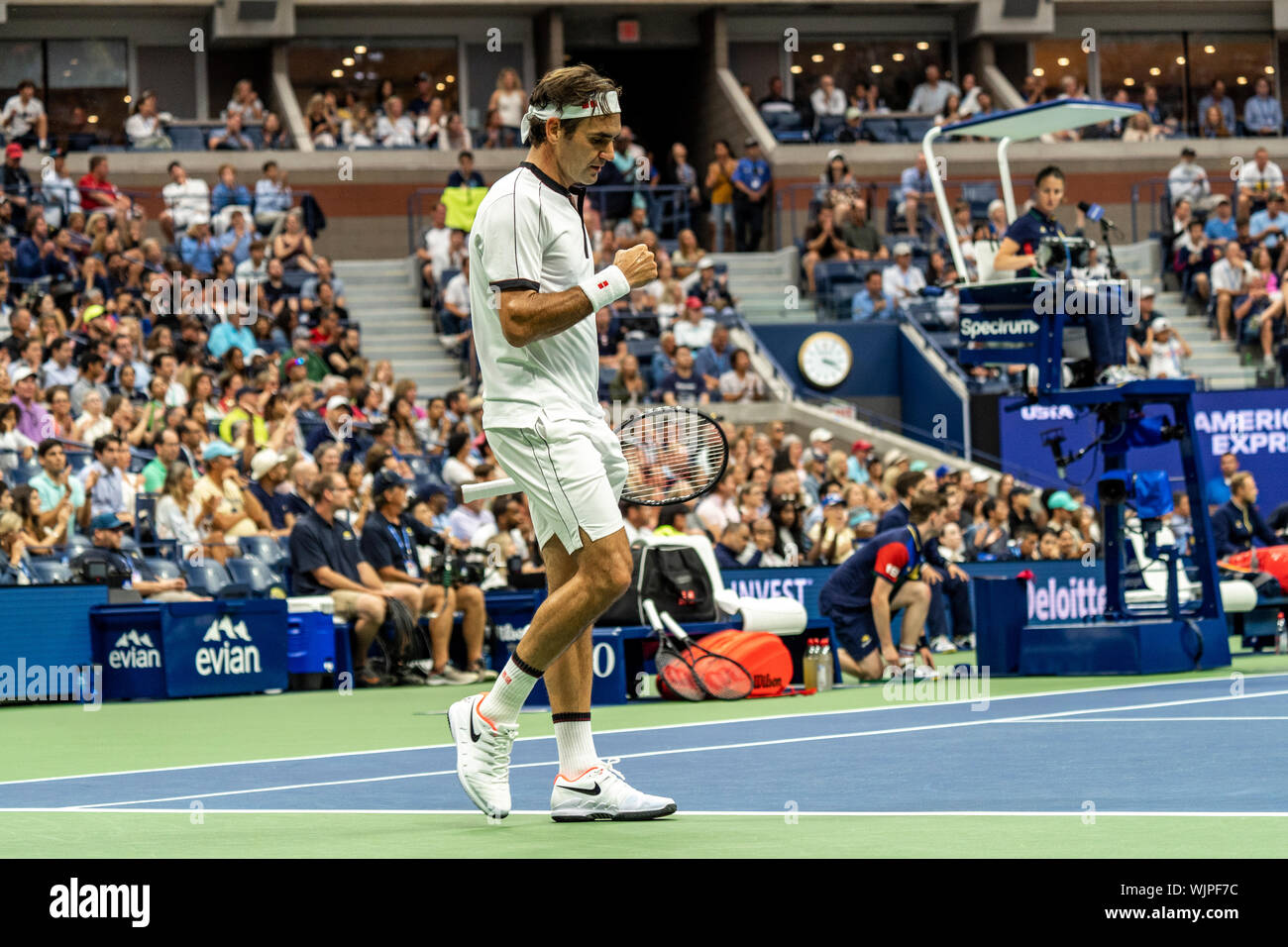 Roger Federer of Switzerland competing in the second round of the 2019 ...