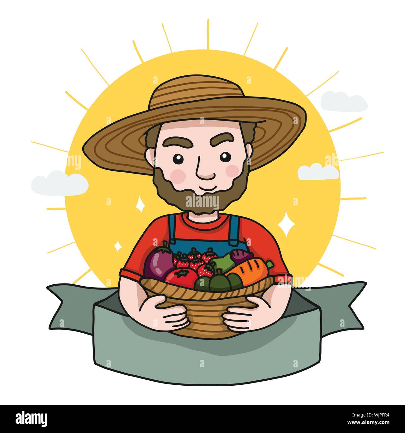 Famer with fruit and vegetable basket cartoon label logo vector ...