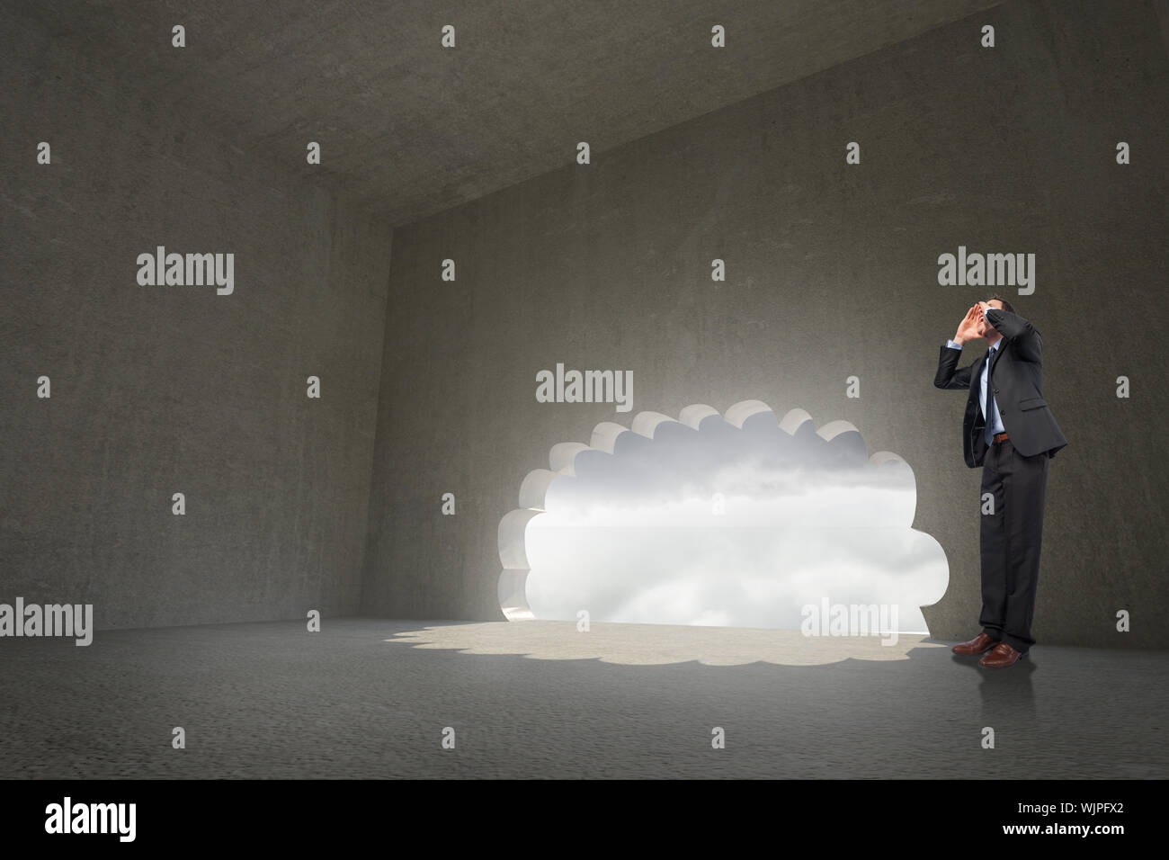 Shouting businessman against door opening to show red arrow Stock Photo ...