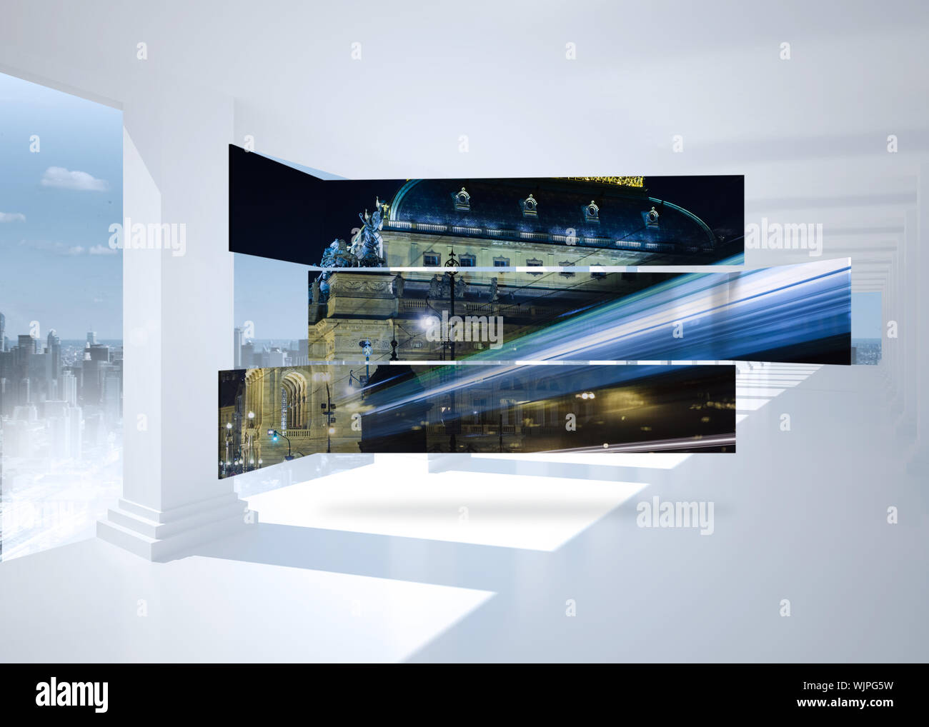 Architecture with light beam on abstract screen against bright white ...