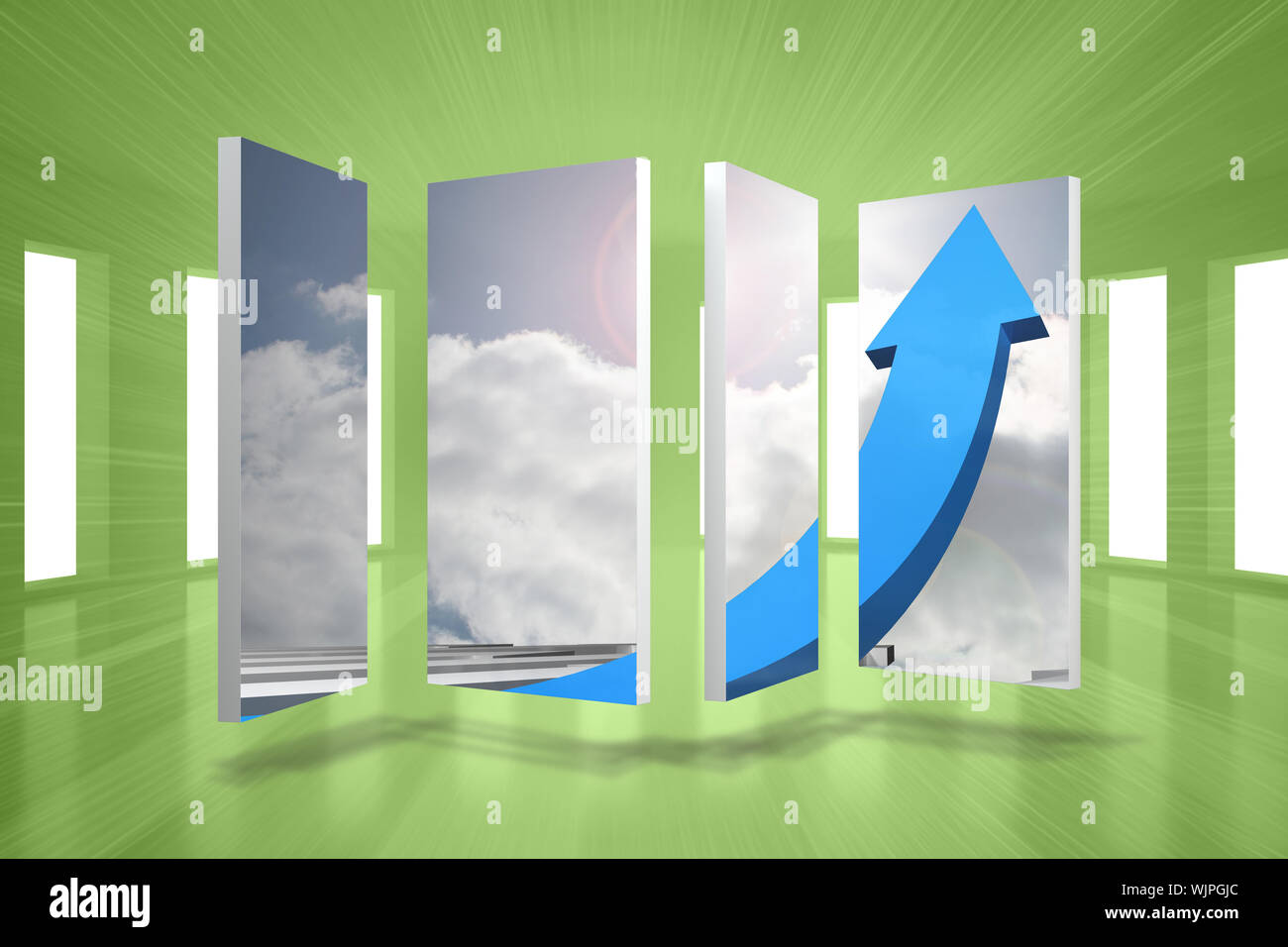 Blue arrow on abstract screen against bright green room with windows ...
