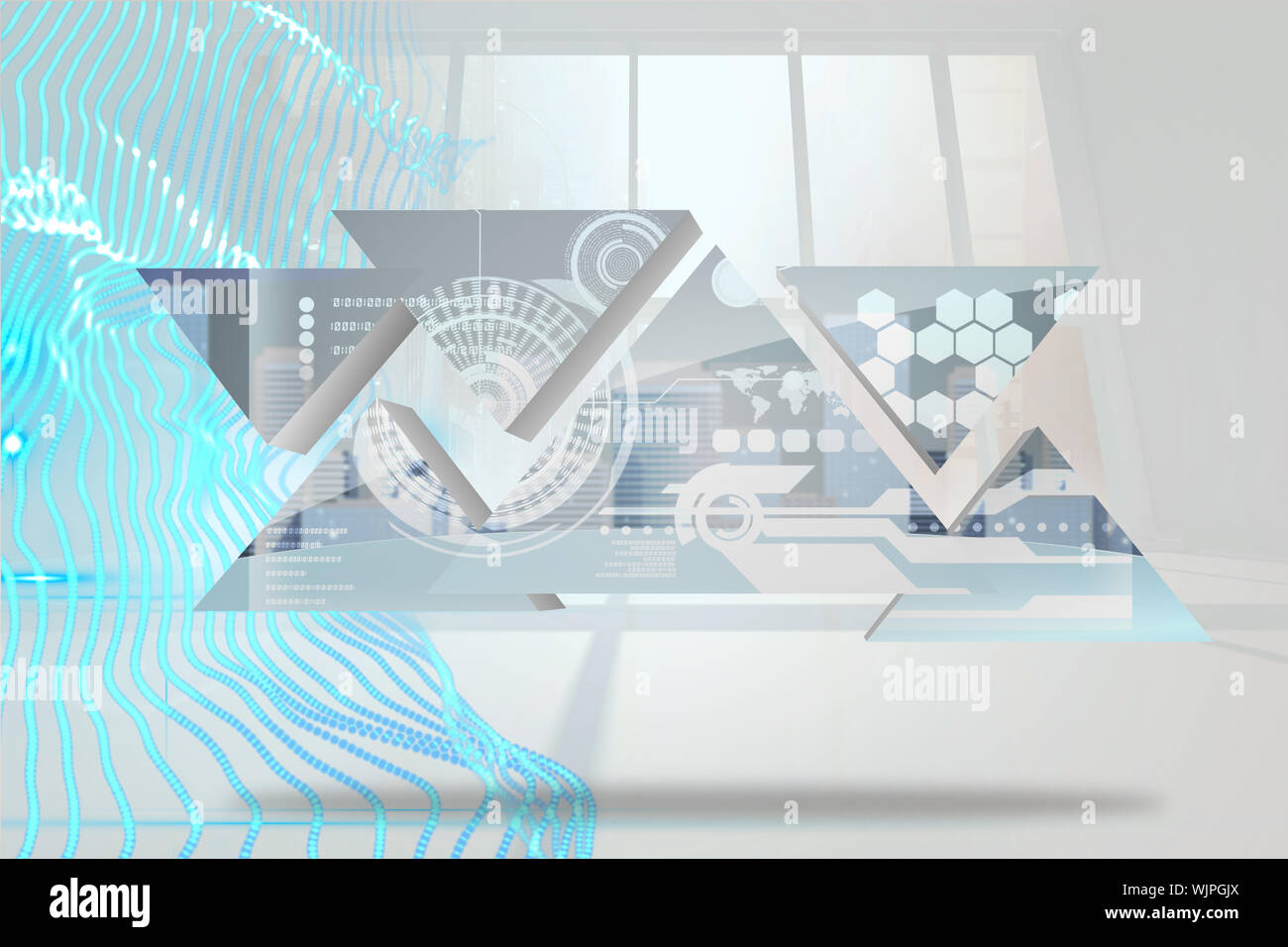 Interface on abstract screen against abstract blue design in white room ...