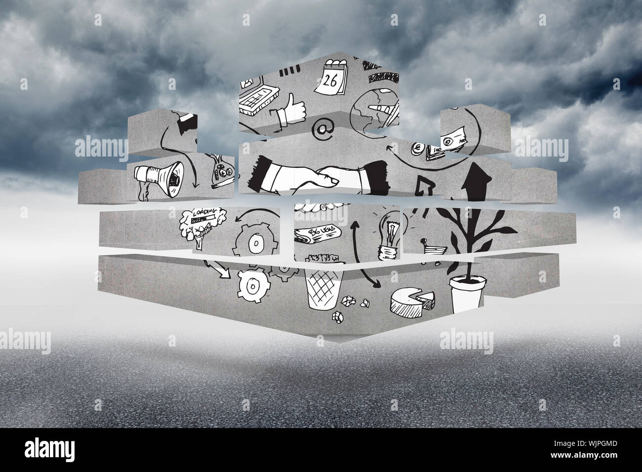 Handshake graphic on abstract screen against red steps arrow pointing ...