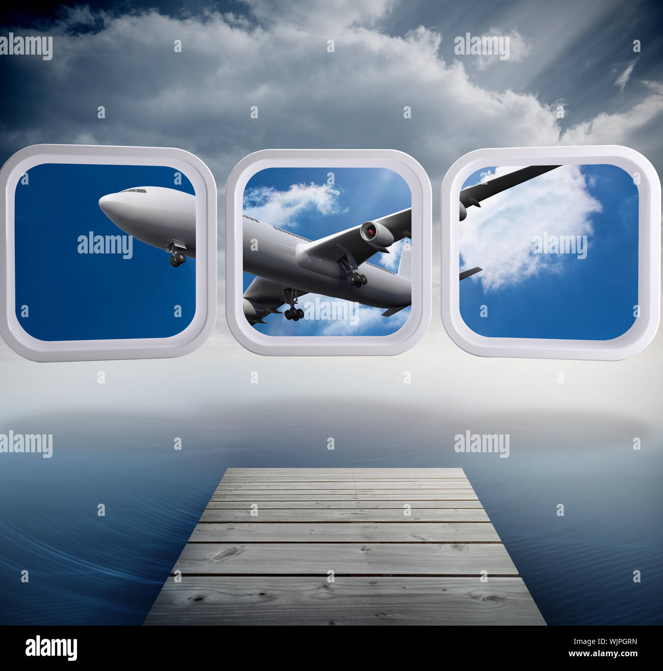Airplane on abstract screen against digitally generated room with ...