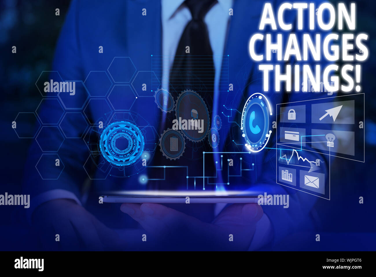 Writing note showing Action Changes Things. Business concept for start ...