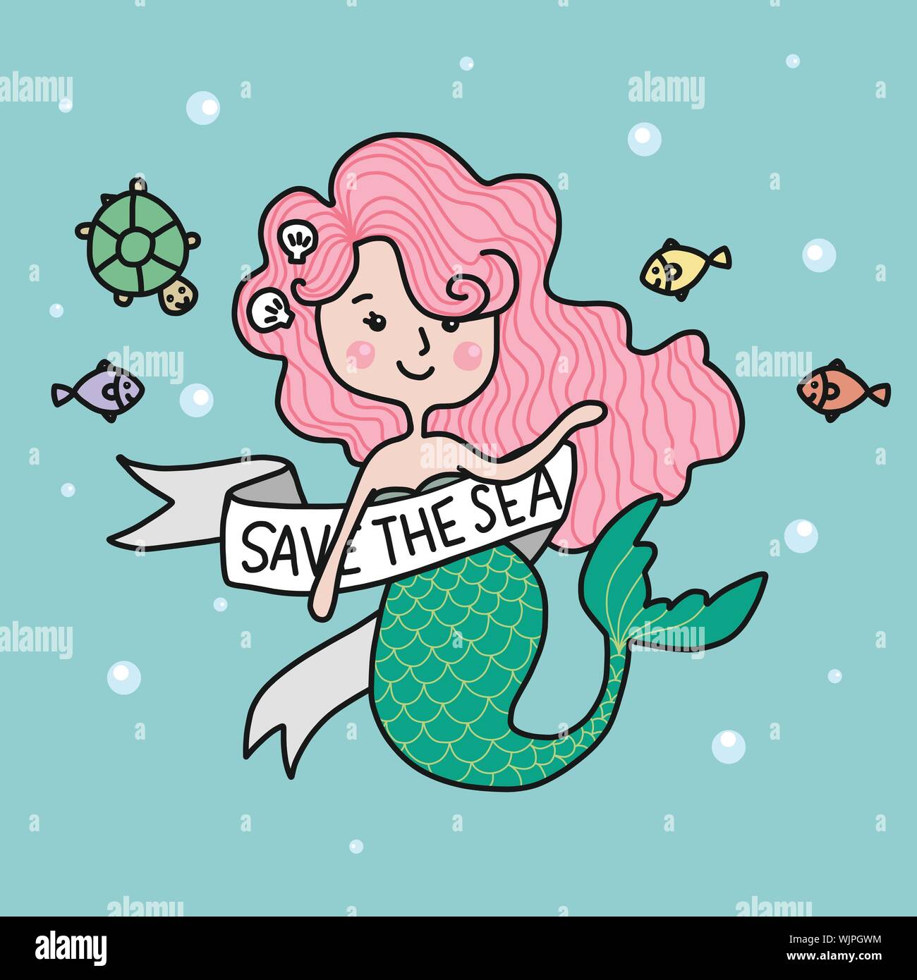 Mermaid save the sea cartoon vector illustration doodle style Stock ...