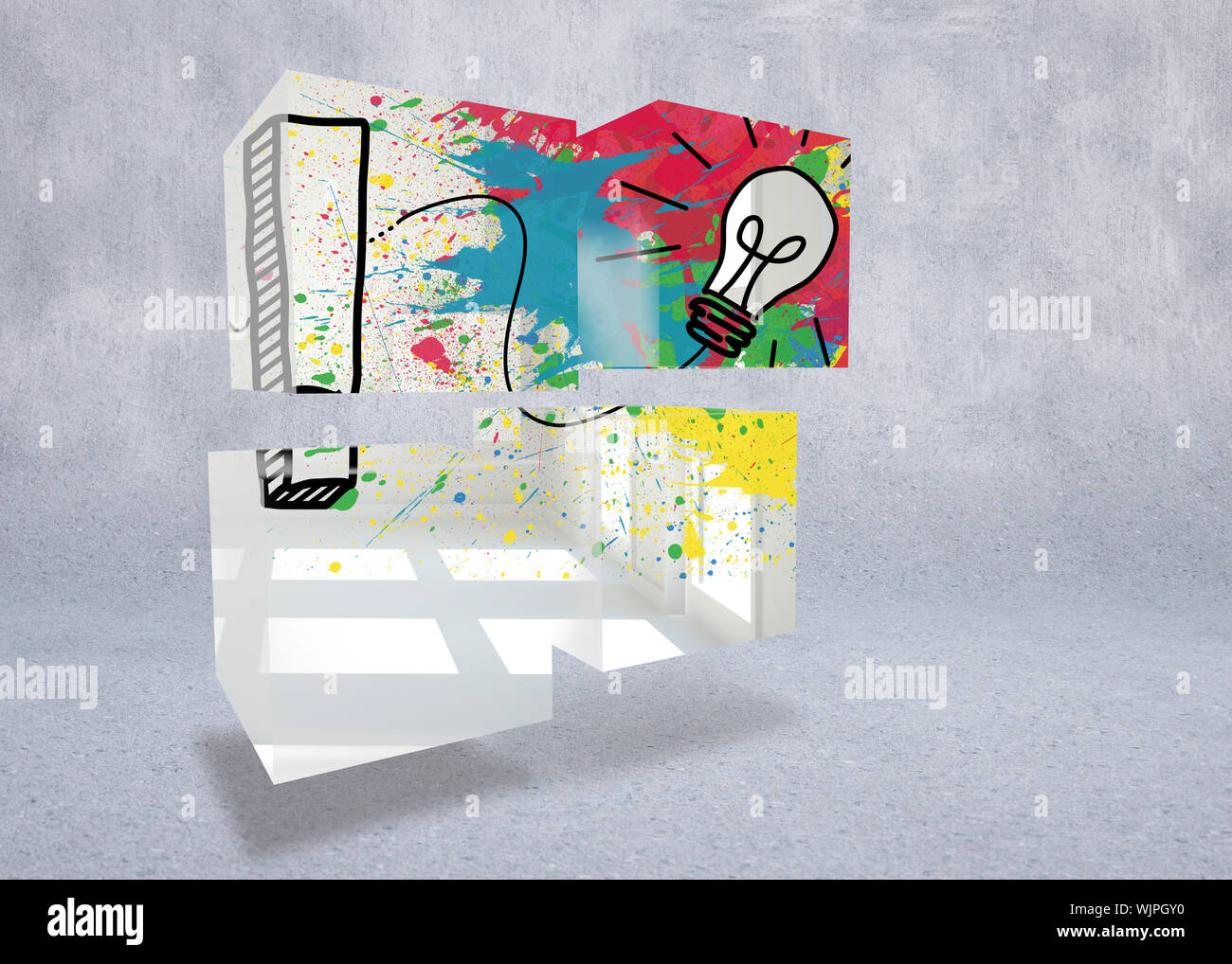 Exclamation mark and light bulb on abstract screen against grey wall ...