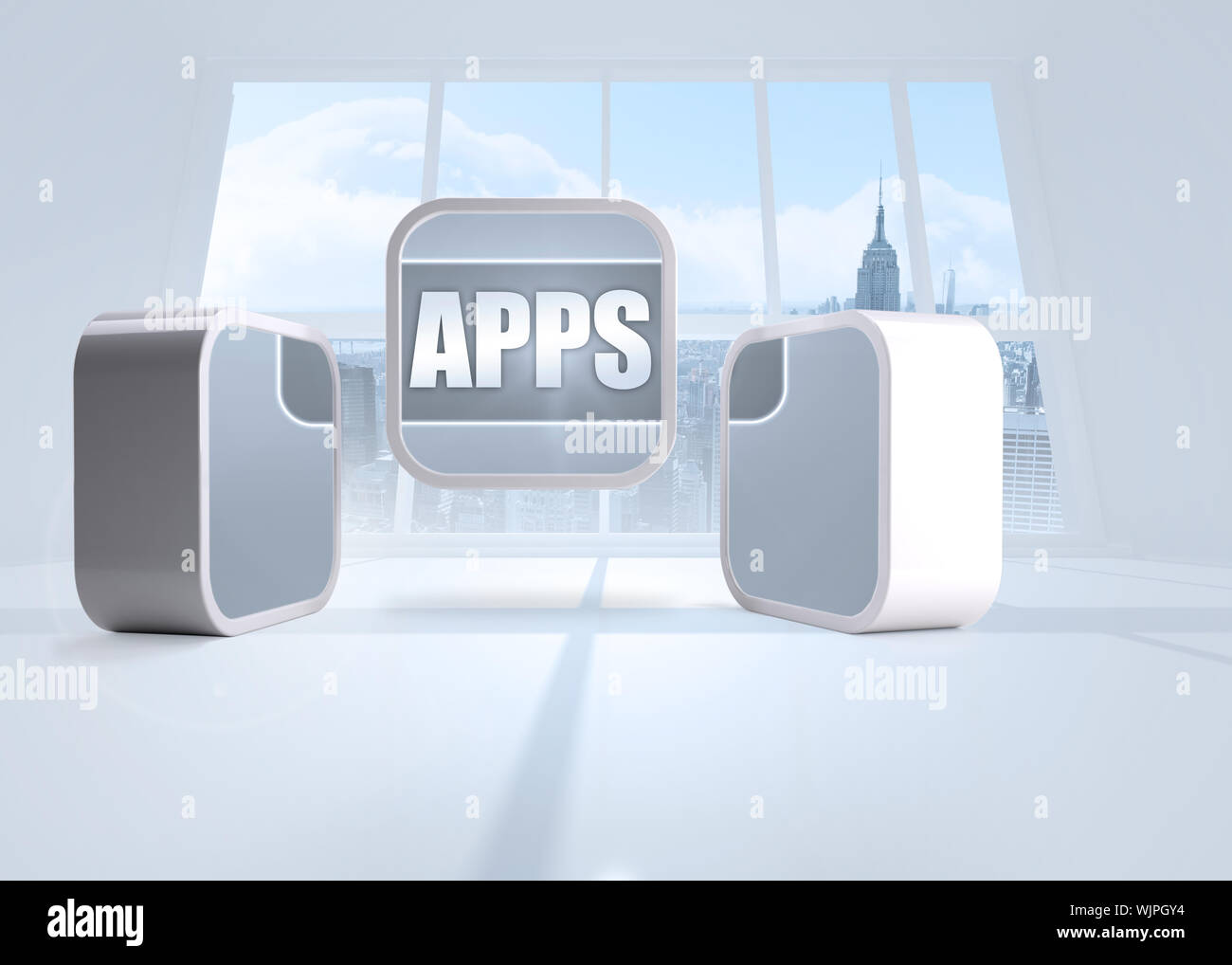 Apps banner on abstract screen against bright white room with windows ...