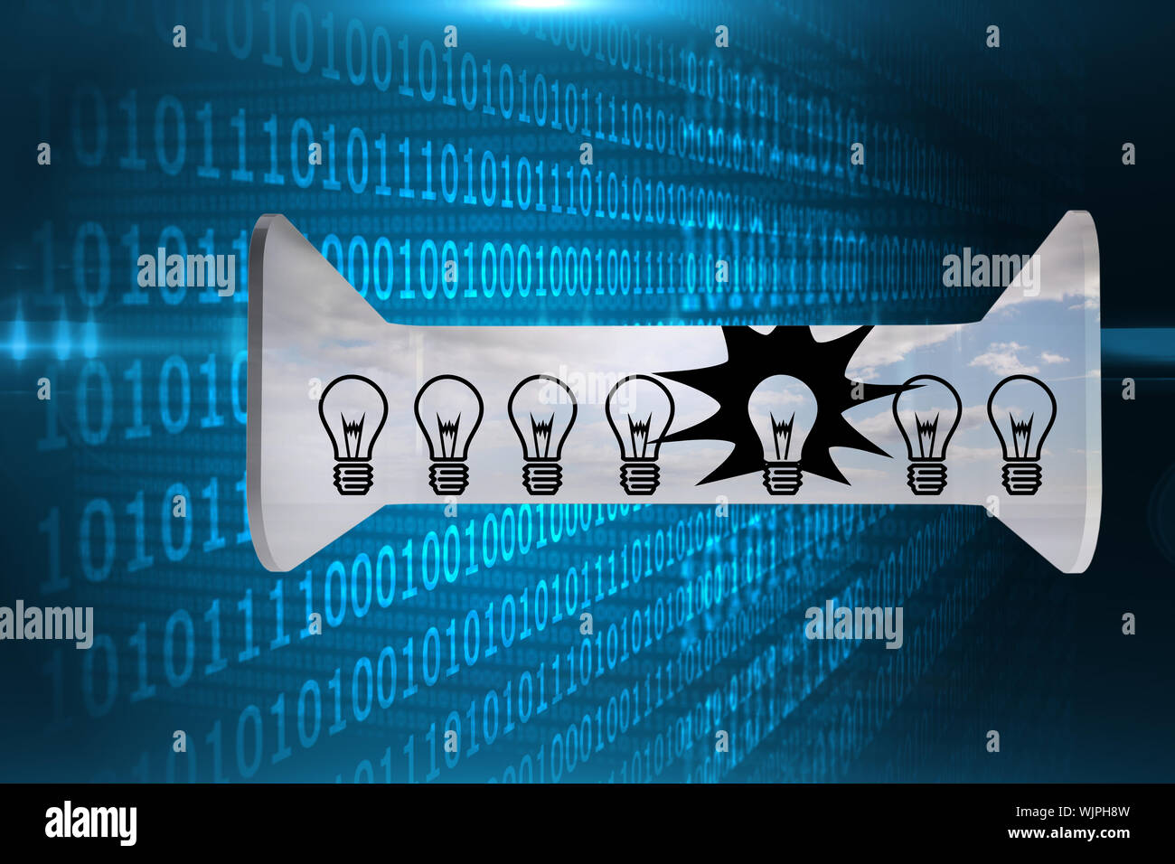 Light bulbs on abstract screen against shiny blue binary code on black ...