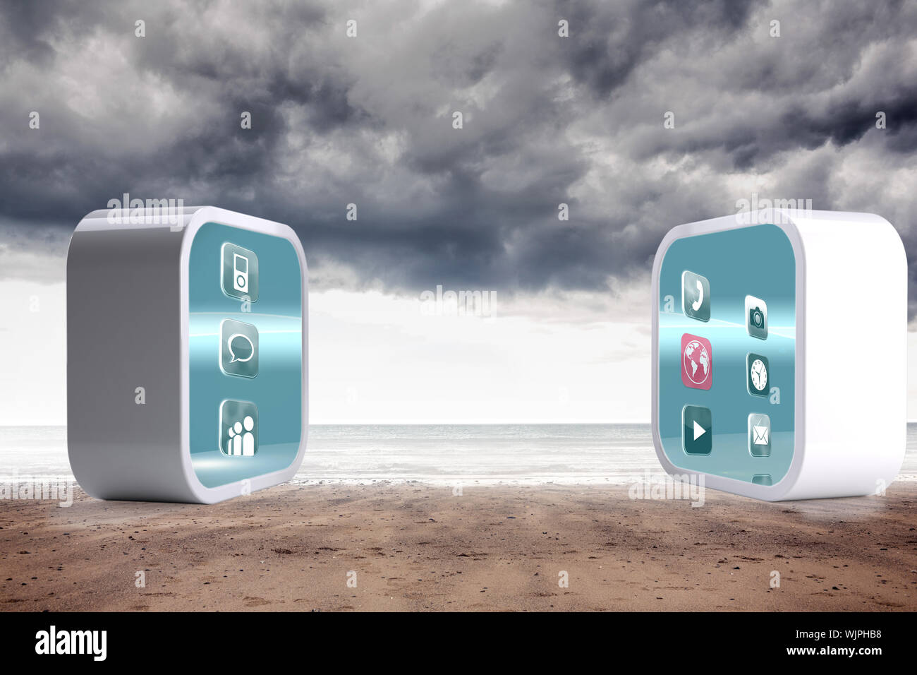 Apps on abstract screen against cloudy landscape background Stock Photo ...