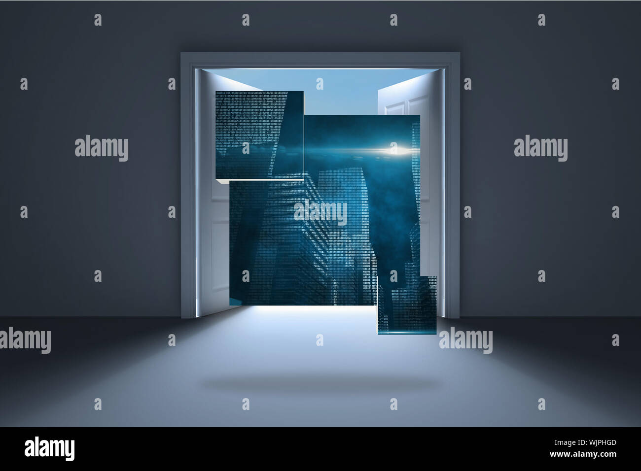 Cityscape graphic on abstract screen against door opening in dark room ...
