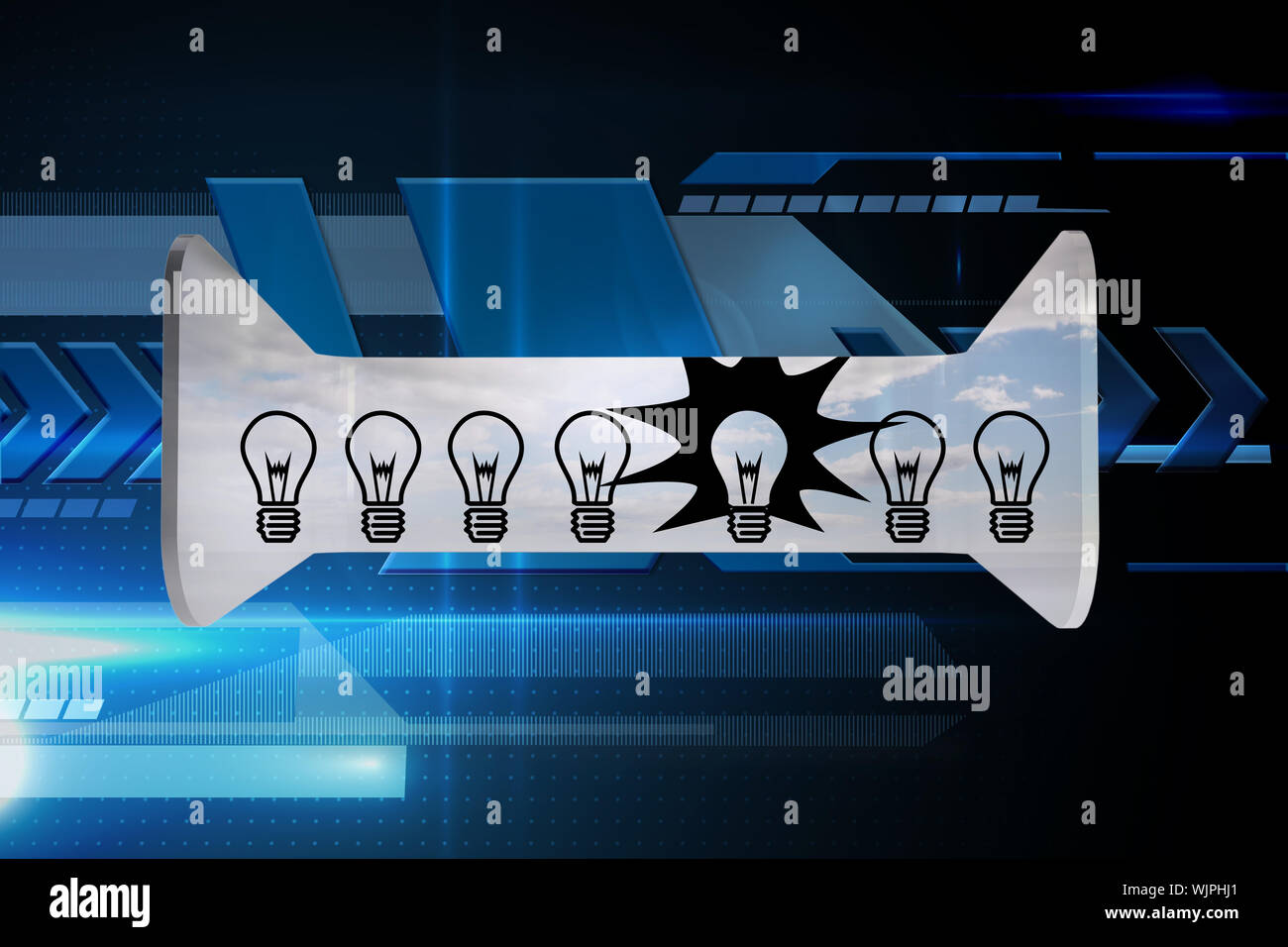 Light bulbs on abstract screen against arrows on technical background ...